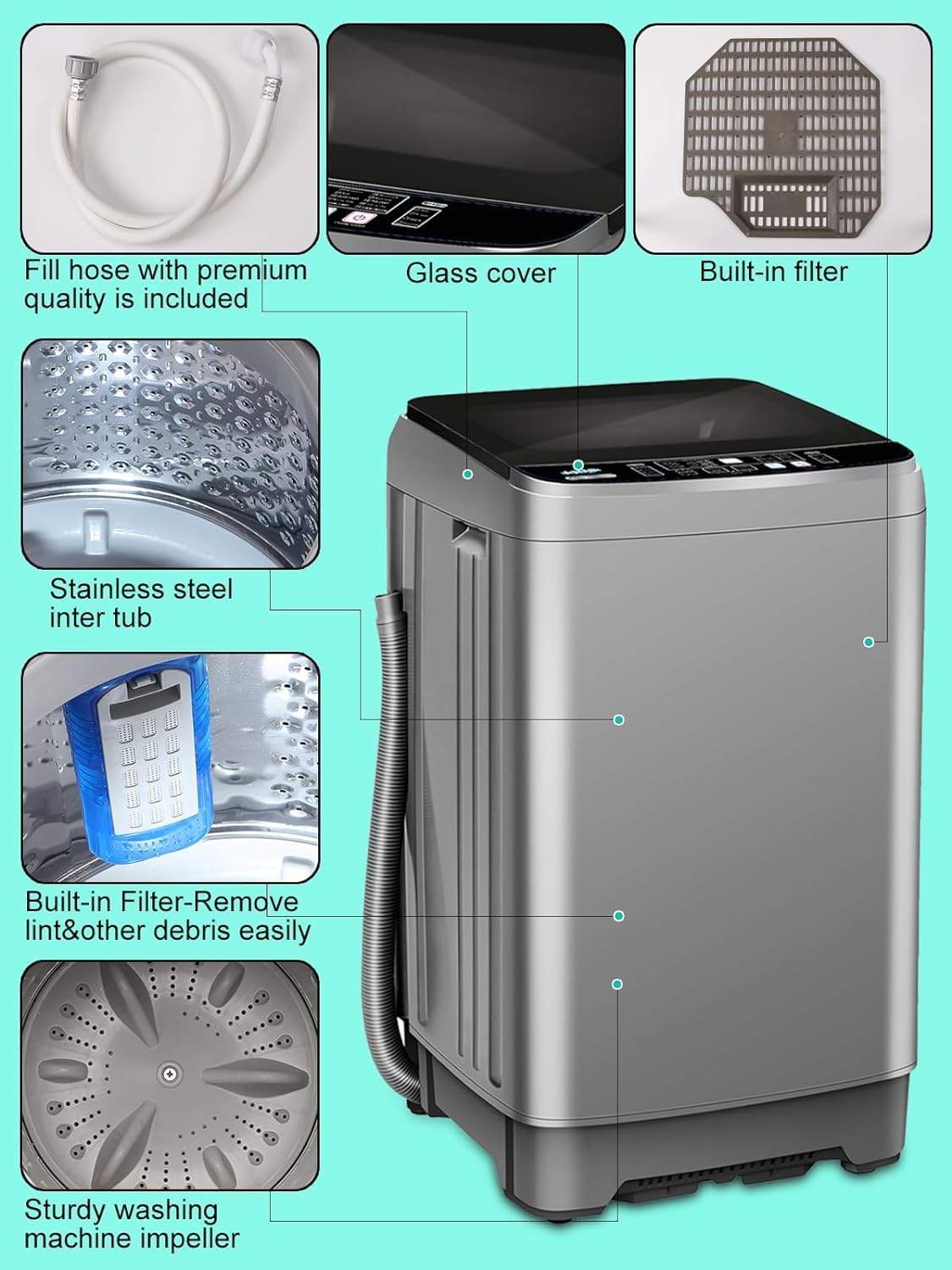 KRIB BLING 25 lbs Full Automatic Washing Machine with LED Display Compact Washing Machine with Drain Dump, 10 Wash Programs and 8 Water Levels Ideal for Dorms, Apartments, RV, Grey