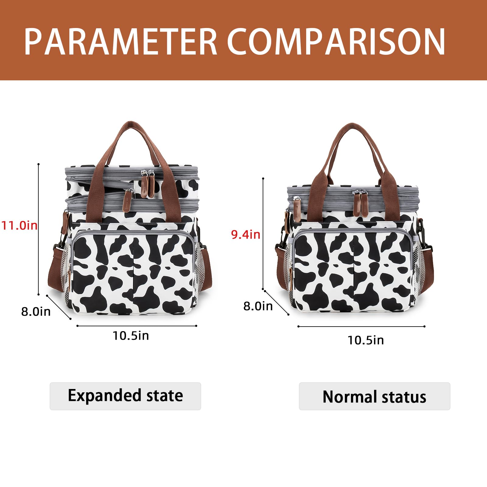 MOV COMPRA Lunch Bag for Women Men Double Deck Expandable Lunch Box,Large Lunch Bags,Leakproof Lunch Box Cooler Bag(Cow Print)
