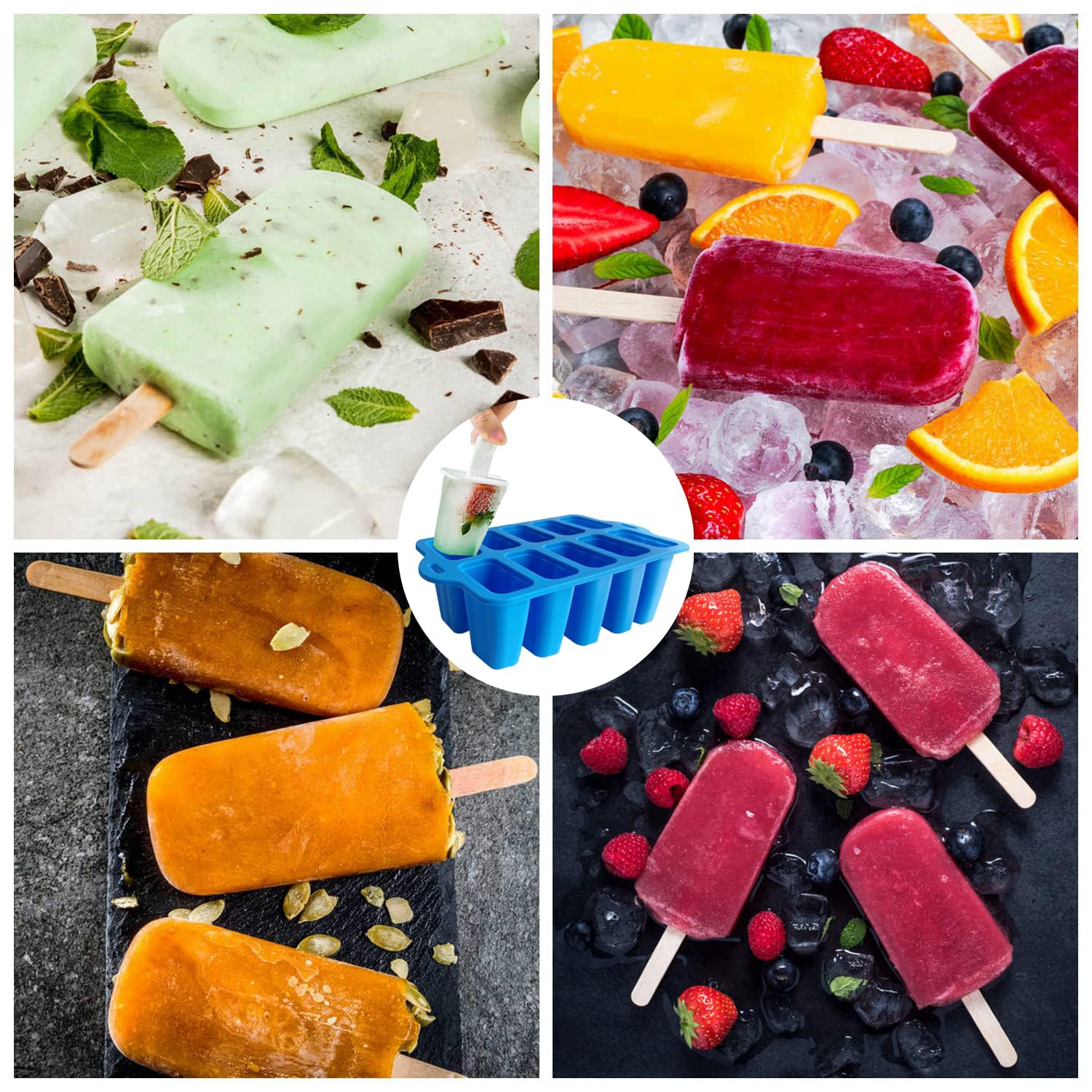 Midnadiy Silicone Popsicle Molds with Sticks, Easy Release Popsicle Maker Mold Set, BPA Free Ice Pop Mold, 10-Cavity Homemade Ice Cream Mold for Kids, Toddlers, Adults