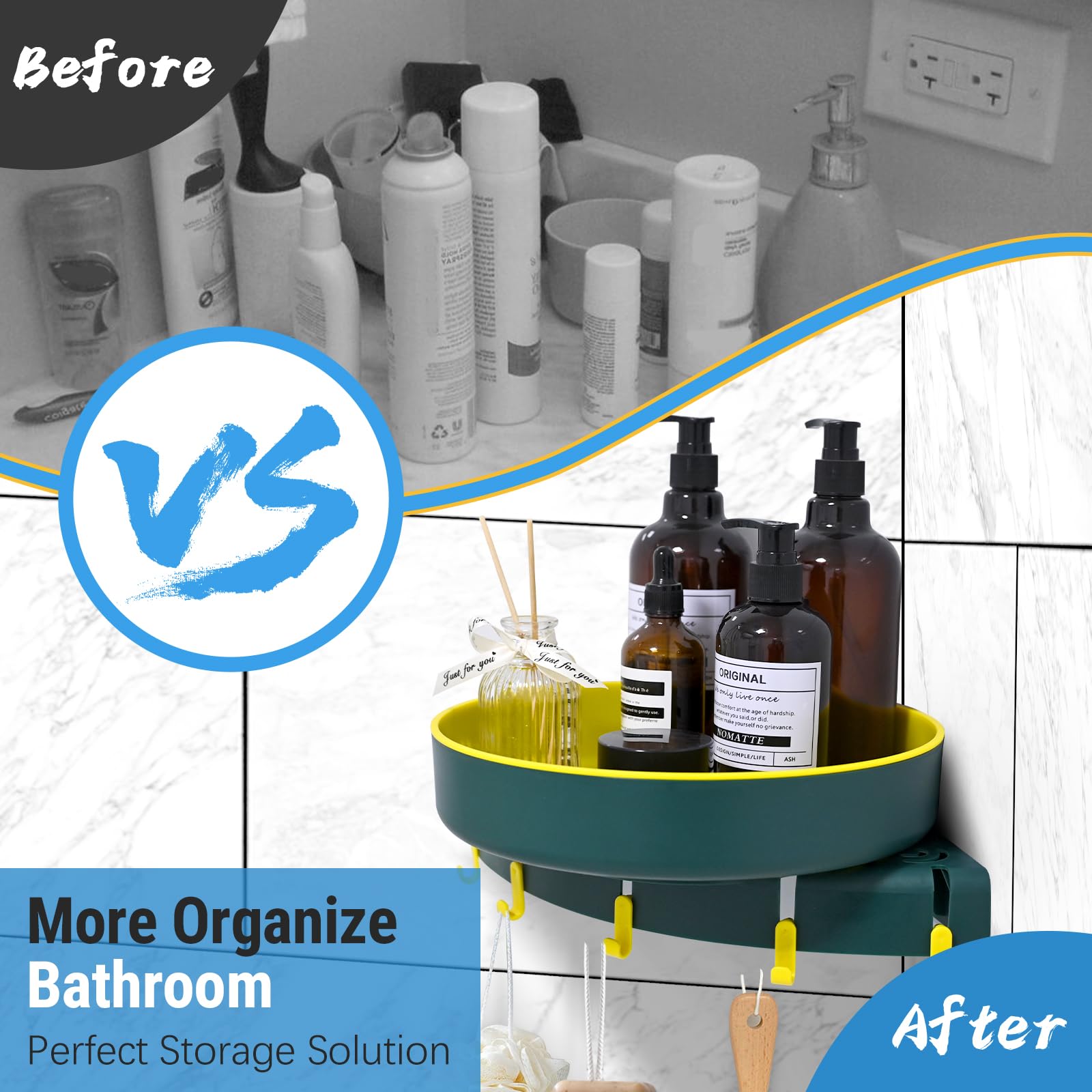 Sarzdras Corner Shower Caddy 360°Rotate Shower Corner Organizer, No Drilling Plastic Inside Shower Storage Rack, 5 Hooks Towel Shelf for Bathroom, Restroom, Bedroom and Kitchen Green