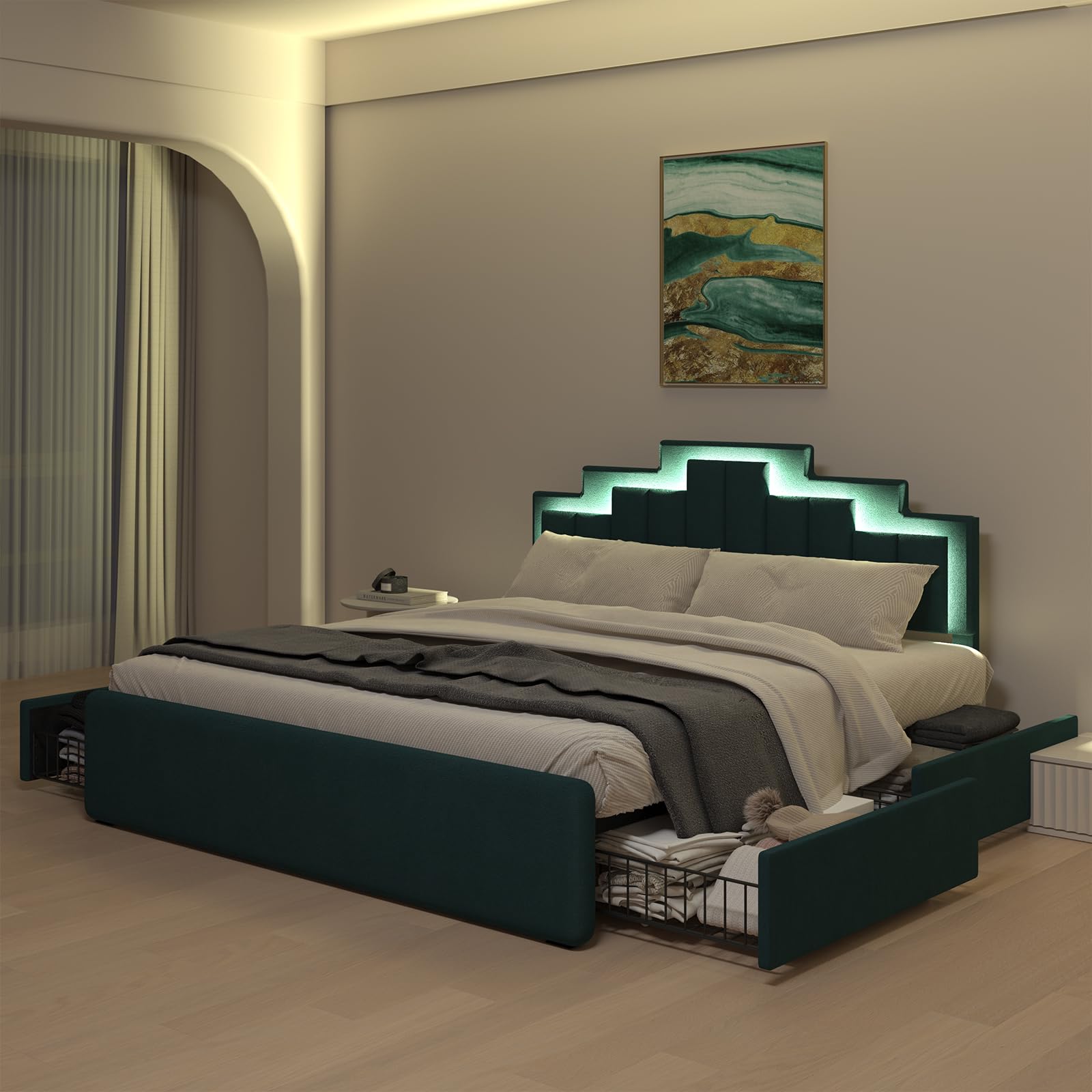 Kallabe King Size Bed Frame with 4 Storage Drawers, Upholstered Platform Bed with LED Light and Adjustable Headboard, Wooden Slats Support, No Box Spring Needed, Light Luxury Design,Dark Green