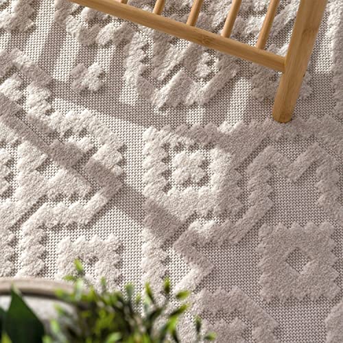 Paco Home in- & Outdoor Rug Modern Carved Boho Pattern in Cream, Size: 6'7" x 9'6"