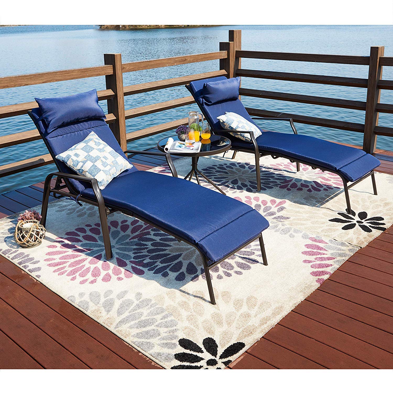 Top Space Patio Lounge Chair Outdoor Chaise Chairs Portable Adjustable Metal Leisure Recliner with Folding Table 3 Pieces for Camping Beach Yard Pool (Light Green)
