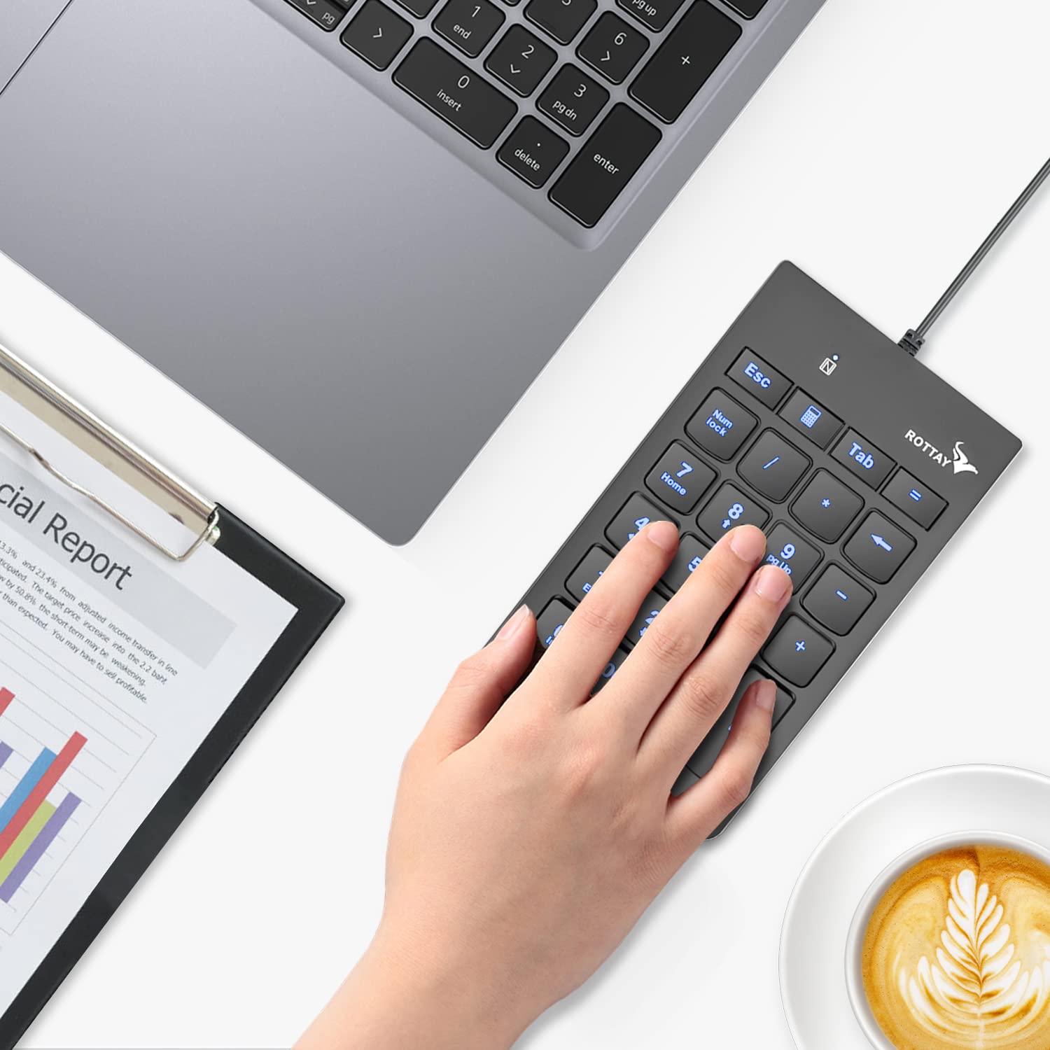 Rottay Backlit Number Pad, Wired Numeric Keypad Silent Keyboard Extensions External 10 Key USB Keypad for Laptop & PC