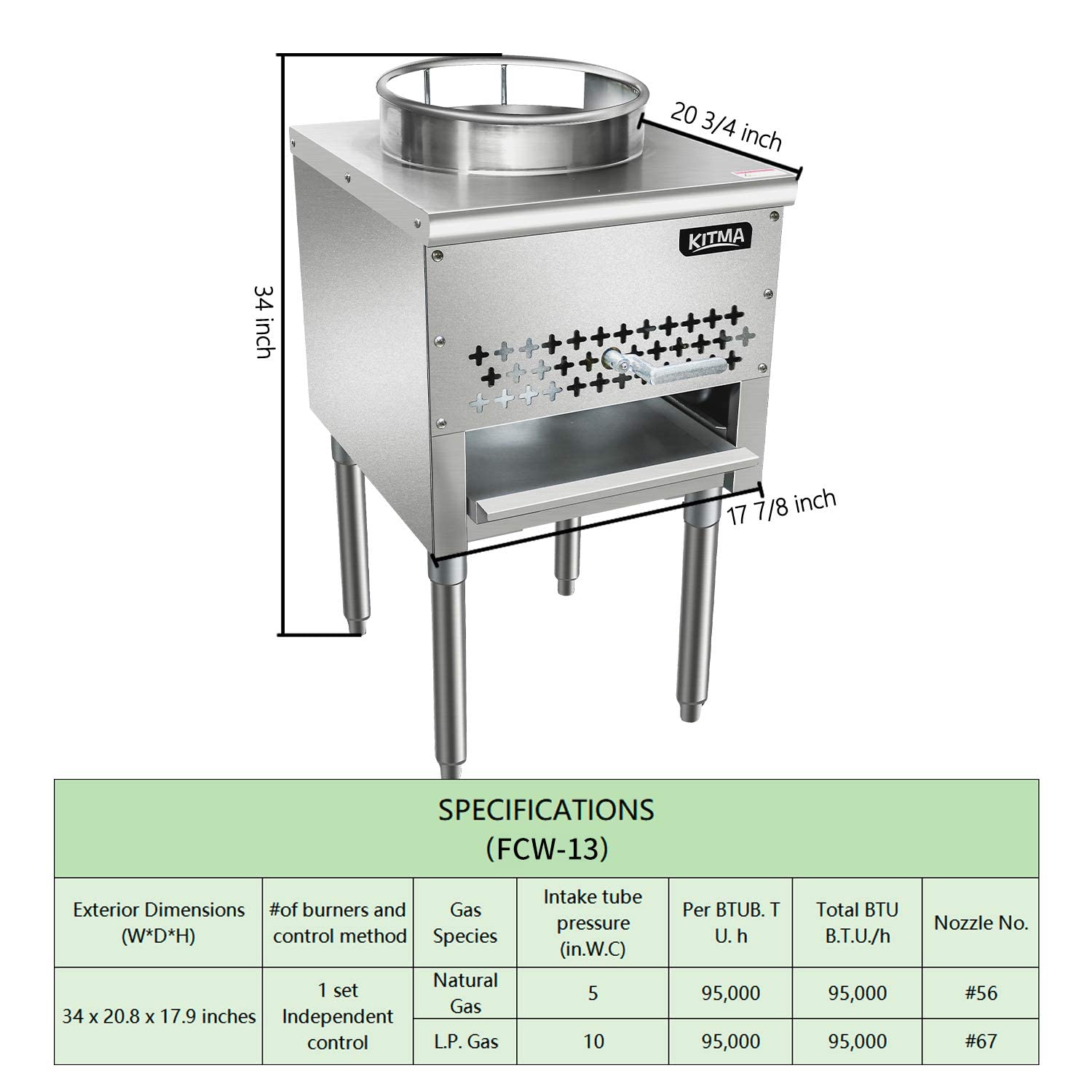 KITMA 13 Inch Wok Range - Gas Wok Range for Grilling, Stir Fry, Up 95,000 BTU, Natural Gas