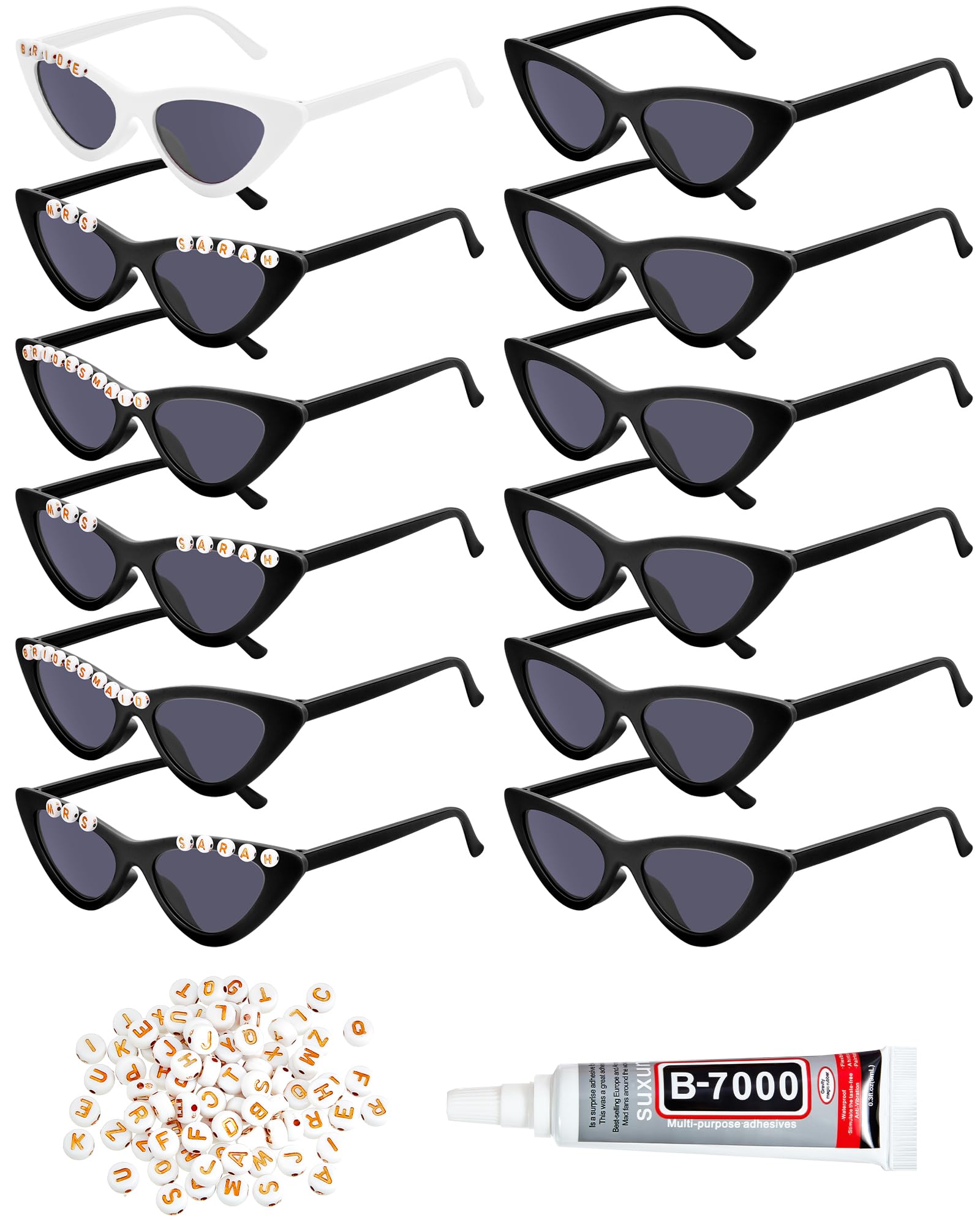 Kanayu 12 Pcs Bachelorette Sunglasses Retro Vintage Bride Bridesmaid Cat Eye Sunglasses for Women 200 Pcs Letter Beads for Wedding Favors (White, Black)