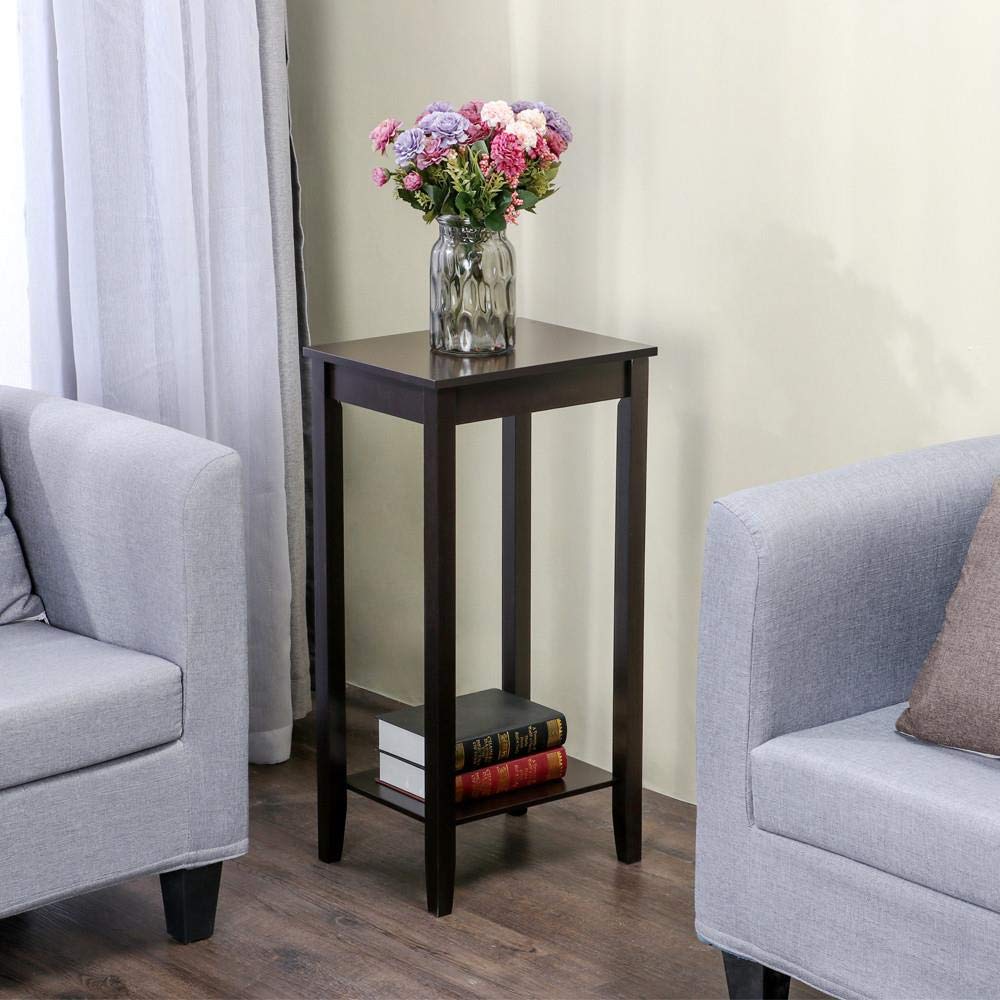 Topeakmart 2-Tier Tall End Table with Storage Shelf and Solid Wood Legs, Sofa Side Table Telephone Table for Living Room/Couch/Hallway/Small Spaces, D12xW15xH29 Inches, Dark Coffee