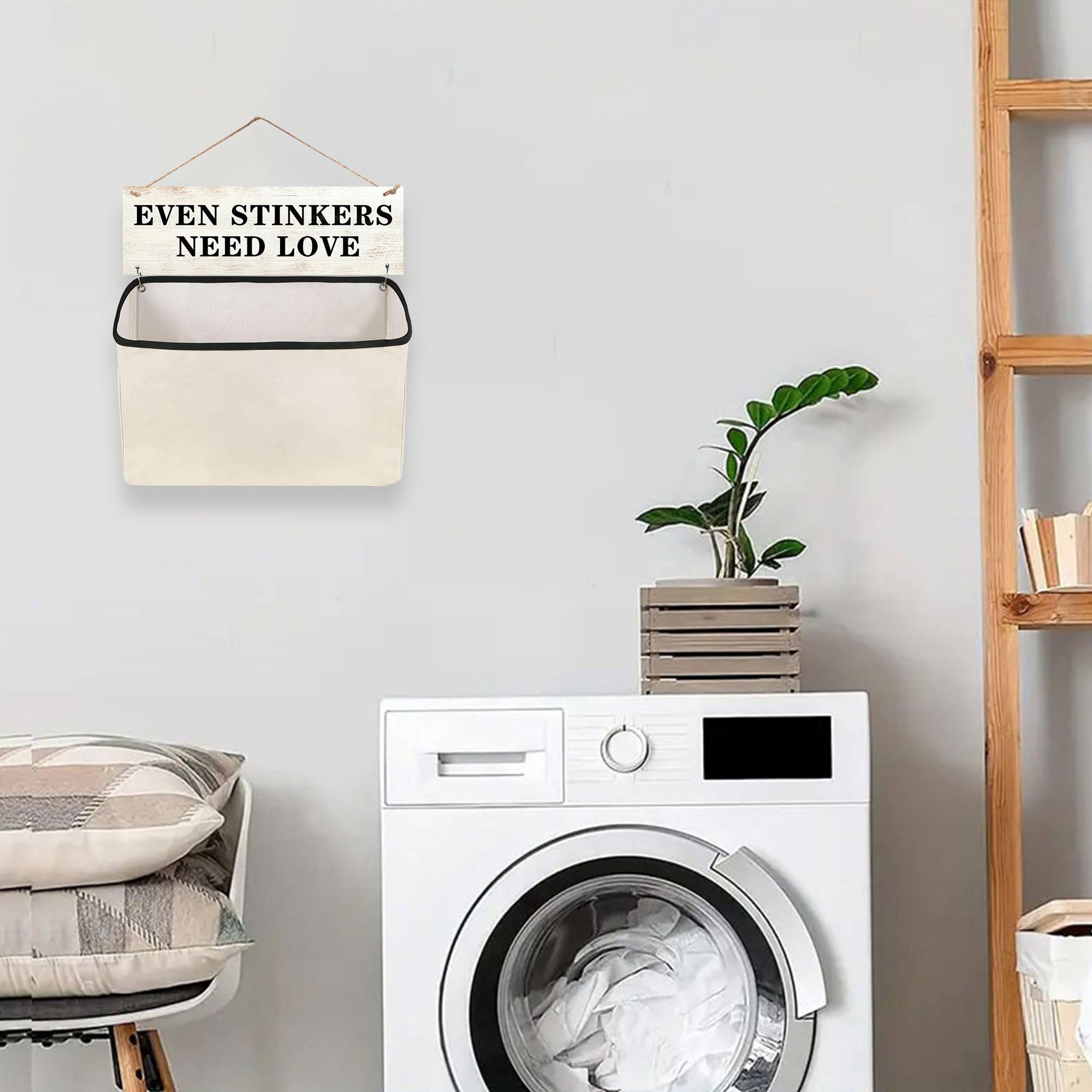 Laundry Room Decor and Organization: Wall-Hanging Lost Socks Storage Bag, Funny Wooden Sign - Single Canvas Basket for Sock Organization (DIRTY SOCKS GATHERING SPOT)
