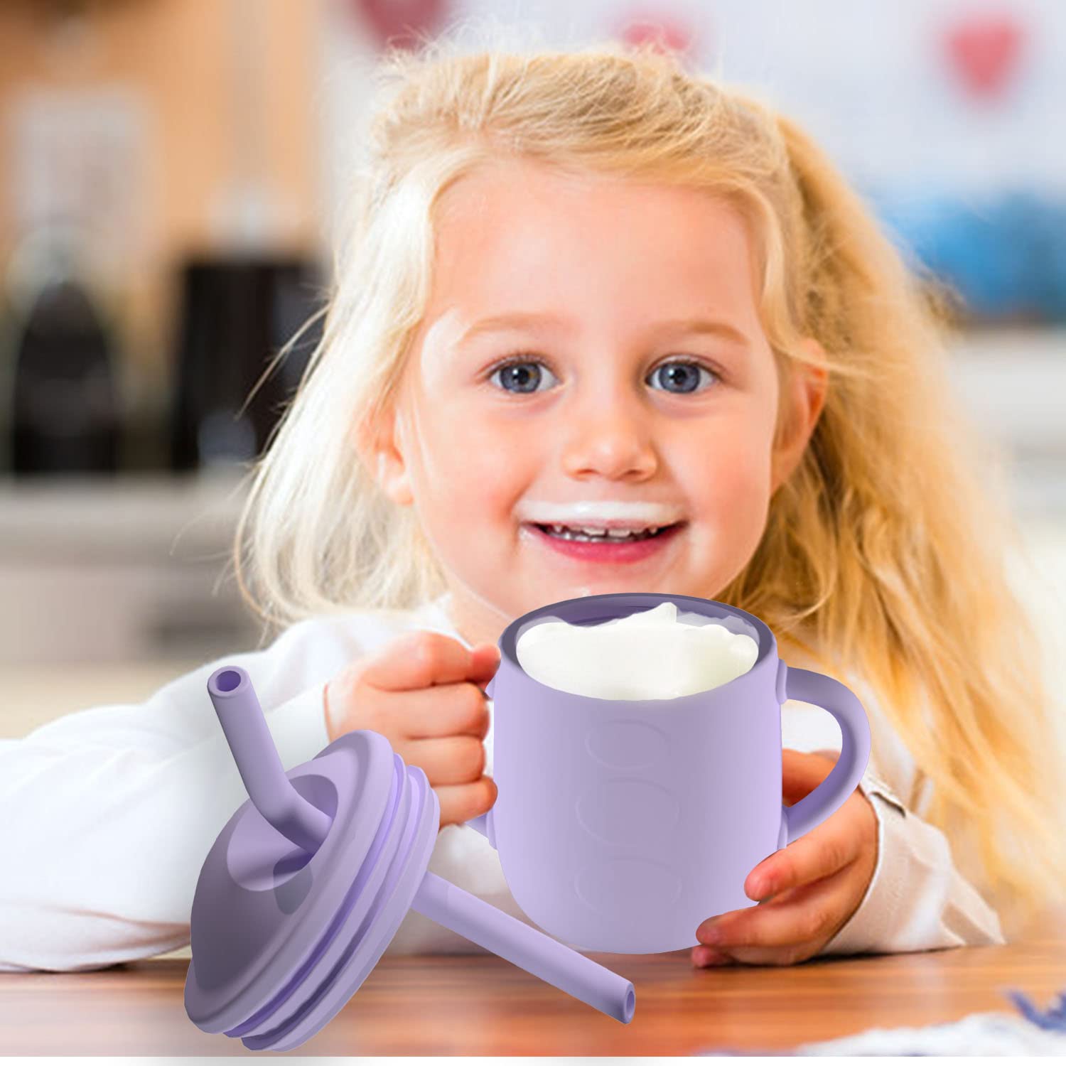 Linshuma Silicone Baby Training Cup, Toddler Straw Sippy Cup, Kids trainer Cup Spill & Non-Slip with 2 Handles BPA Free, Open Cup for 6 months+ Babies Cute 150ML Purple