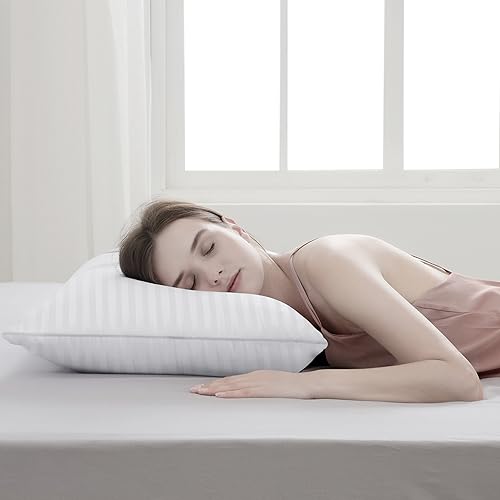 Oubonun Hotel Collection Striped Bed Pillows Standard Size Set of 2, Breathable Cooling Cotton Cover, Fluffy 3D Down Alternative Microfiber Filled for Side Back and Stomach Sleepers, 20"x26"