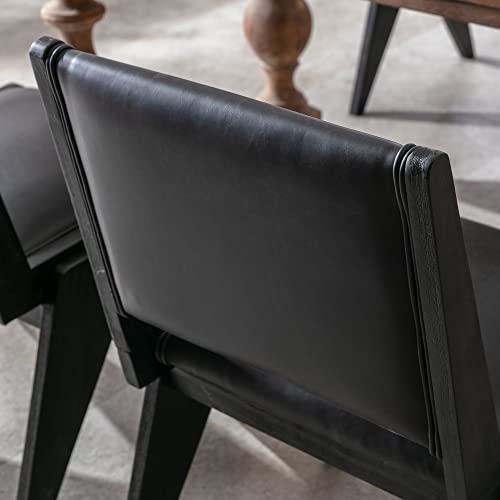 Mid-Century Modern Dining Chairs Set of 2 with PU Leather Upholstered, Country Farmhouse French Wooden Side Chairs, Black