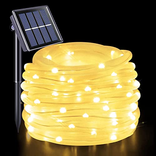 JMEXSUSS 120 LED 8 Modes Solar Powered Rope Lights,39.4ft Outdoor Solar Rope Lights,Waterproof PVC Tube Fairy Lights for Garden,Patio,Fence,Deck,Walks,Path(Warm White)