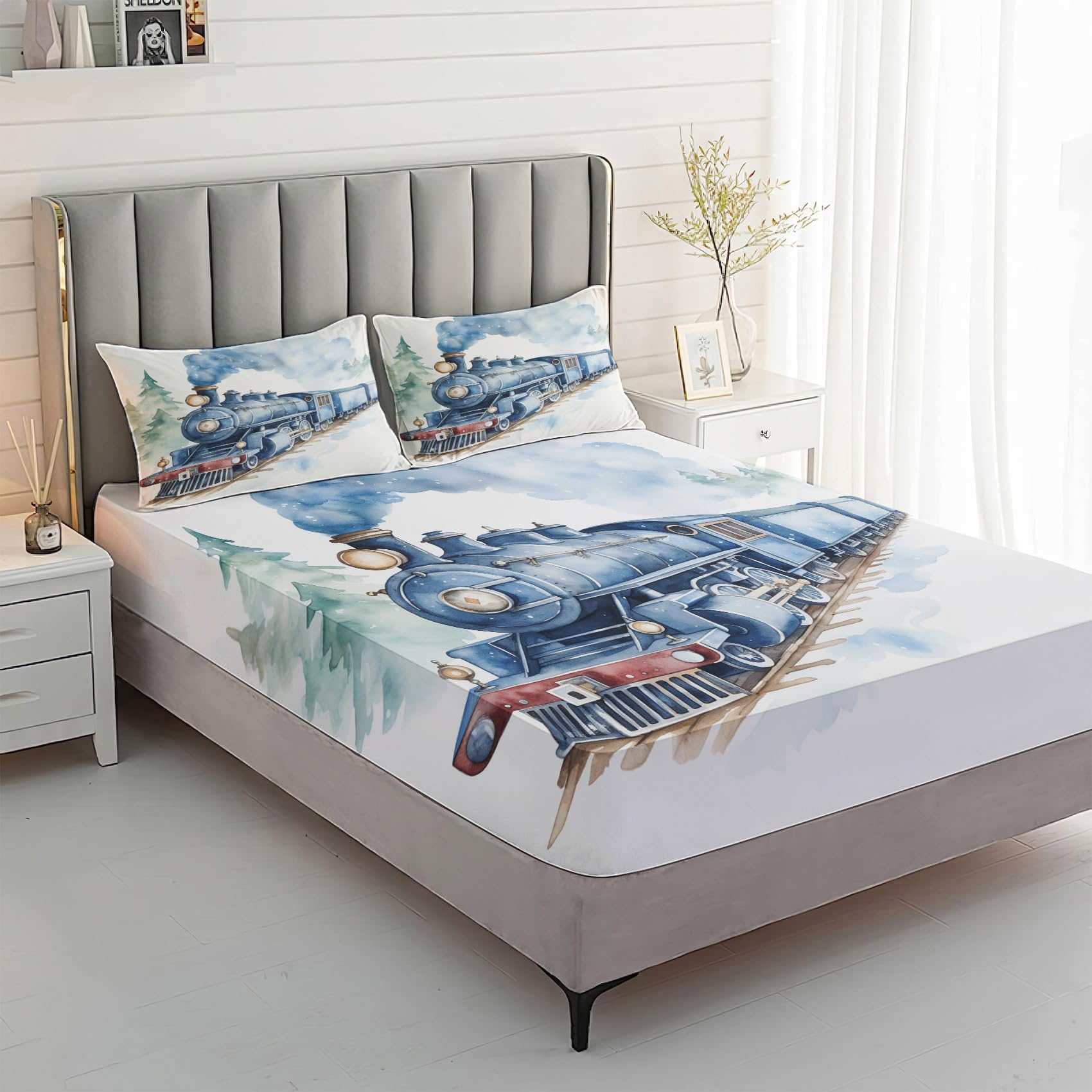 MPNVYU Train Kids Boys Sheets Twin XL Sheet Set, Steam Engine Bed Sheets, Locomotive Bedding Bedroom Decor, Soft Microfiber Deep Pocket Fitted Sheet & Flat Sheet & 1 Pillowcase