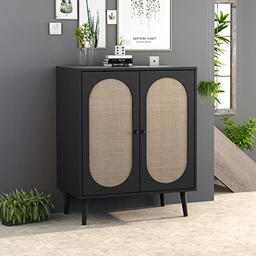 Sideboard Buffet Cabinet, Kitchen Storage Cabinet with Rattan Decorated Doors, 4 Doors Console Table Buffet Cabinets with Adjustable Shelves for Kitchen Dining Room Living Room Hallway(Black,2 Sets)