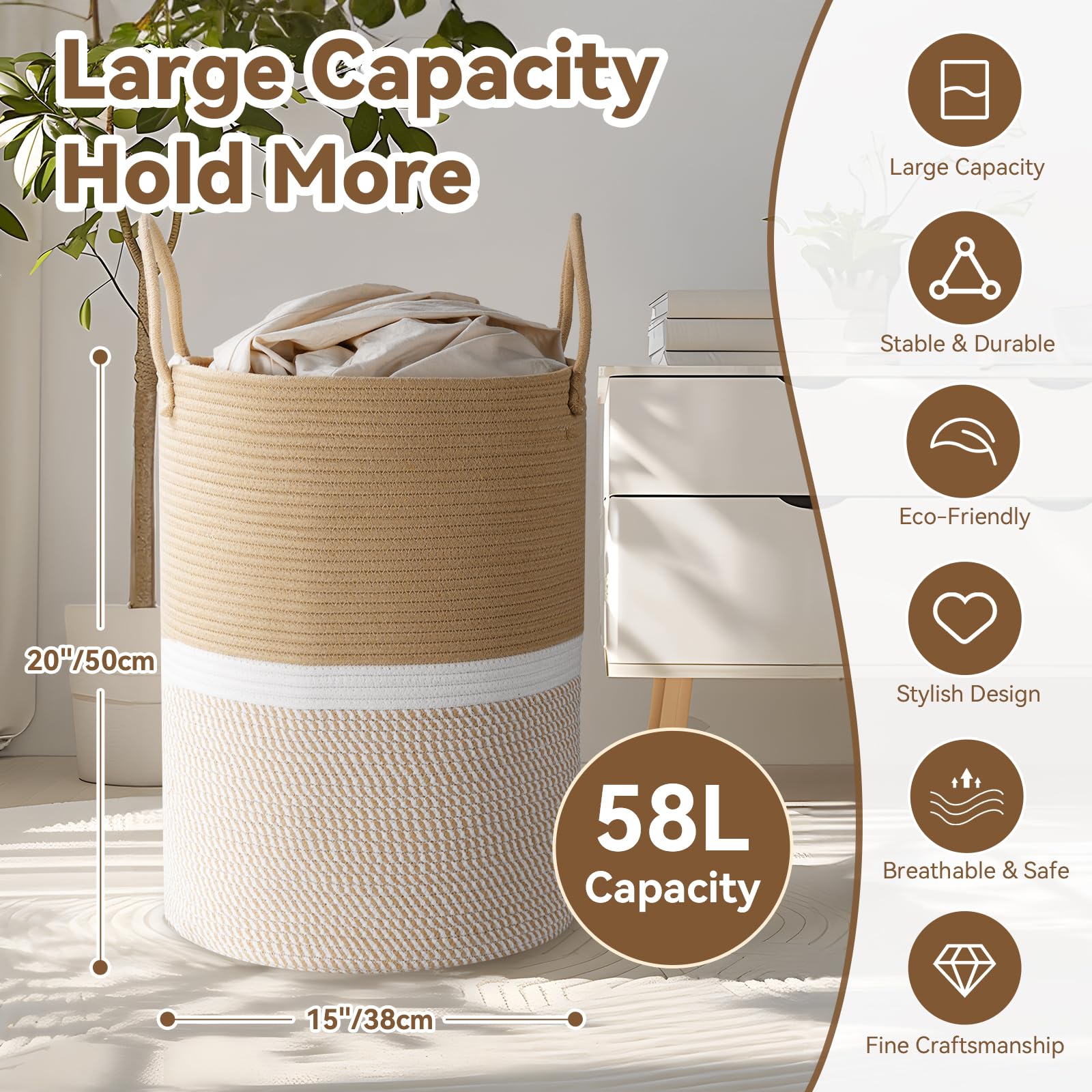 Laundry Storage Basket Large,Tall Rope Baskets for Storage,Cute Blanket Basket,Suitable for Living Room, Bedroom, Farmhouse,Can Be Decorative and Used to Store Toys