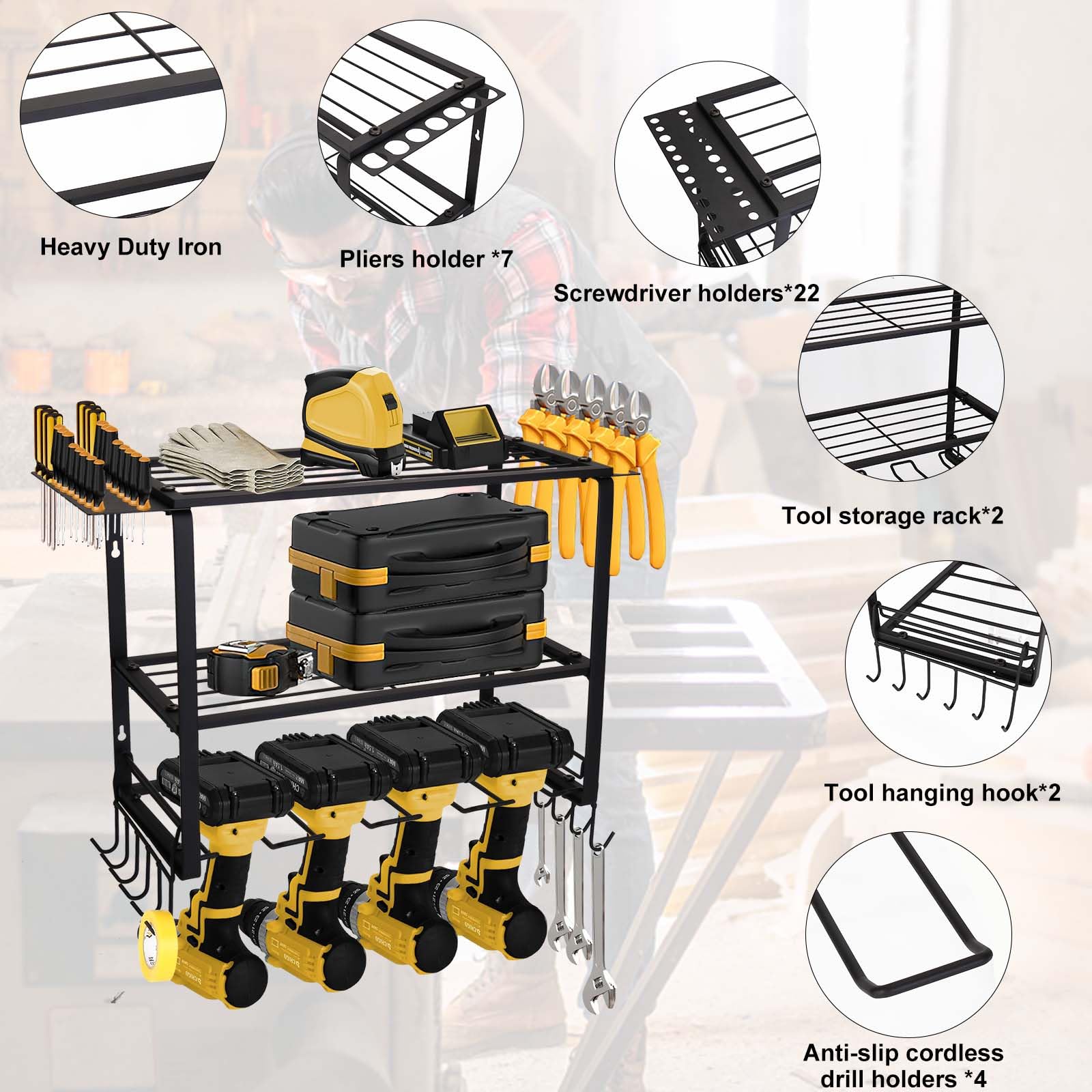 ShineMe Garage Tool Organizer Wall Mount, Heavy Duty Power Tool Organizer with 4 Drill Holders, 3 Layer Multifunctional Metal Storage Rack for Workshop, Garage, Tool Room