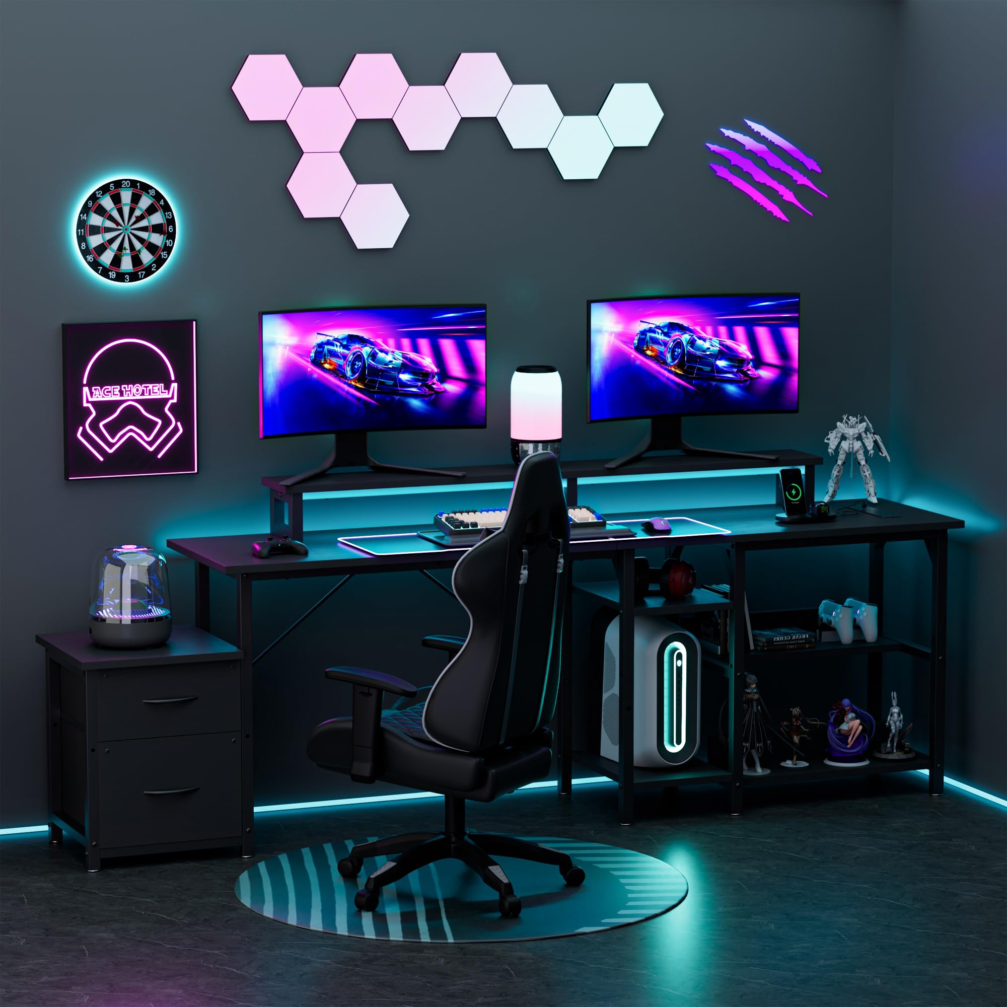 L Shaped Gaming Desk,Oopswow Computer Desk,68 Inch Office Desk with File Drawers & 2-Tier Storage Shelves,Large Reversible Corner Desks Writing Study Workstation with Power Outlets & LED Lights,Black