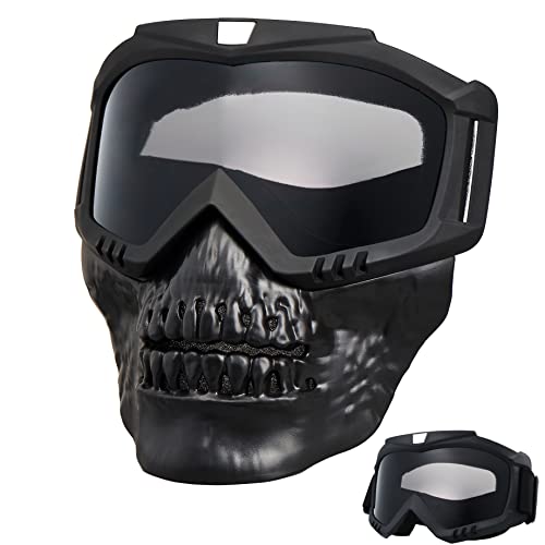 Skull Motorcycle Goggles with Removable Face Mask,Anti-UV Adjustable MX Riding Offroad Cycling Motorbike Protective Glasses Dirt Bike ATV Motocross Eyewear Racing Combat Tactical Military Goggles