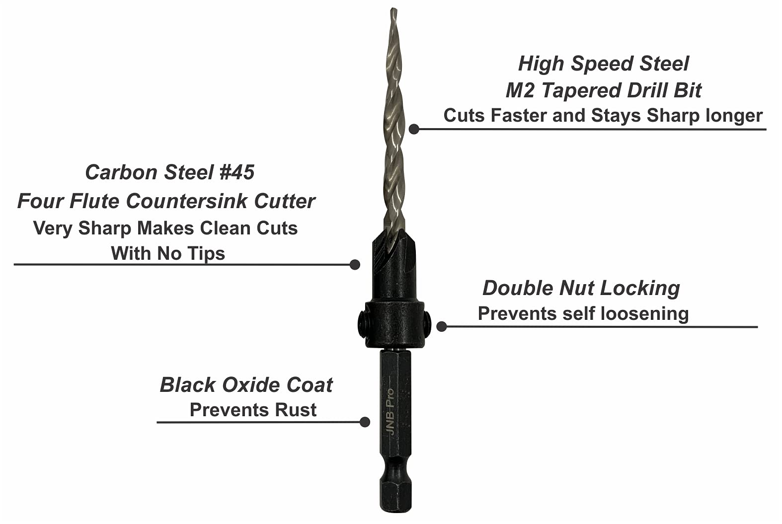 JNB Pro Wood Countersink Drill Bit Set - 5 Pc Adjustable Countersink Bit #8(11/64") All Same Size - 2 Extra 11/64 Tapered Drill Bit, 1 Adjust. Collar, 1 Wrench - 1/4" Quick Change Shank - Countersink