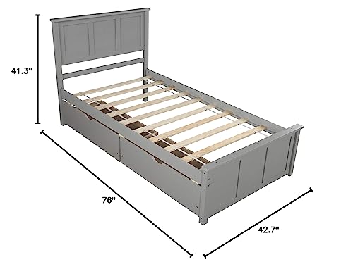 Modern Wood Low Bed Frame with Headboard and Drawers, Platform Bed No Box Spring Needed/Easy Assembly, Twin Gray