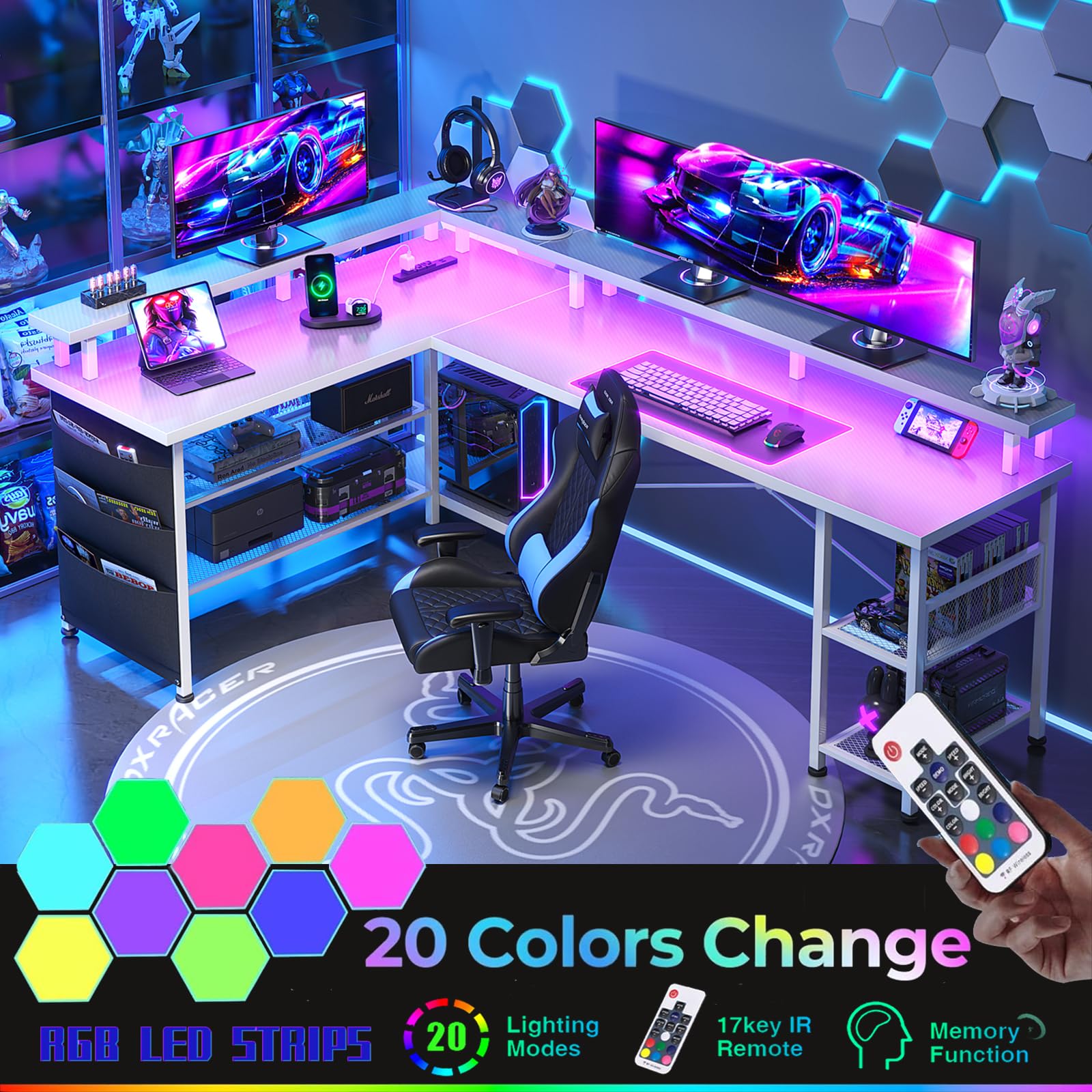 L Shaped Gaming Desk with LED Lights & Power Outlets, 66" Computer Desk with Storage Shelves，Monitor Stand & Printer Shelf, Large Gaming Table, Reversible Home Office Corner Desk, Black Carbon Fiber