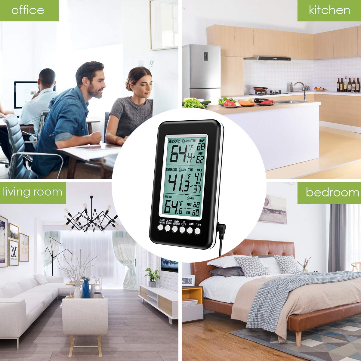 KeeKit Refrigerator Thermometer, Wireless Indoor Outdoor Thermometer with 2 Sensors, Digital Fridge Thermometer with Audible Alarm, Temperature Gauge for Freezer, Restaurants, Bars