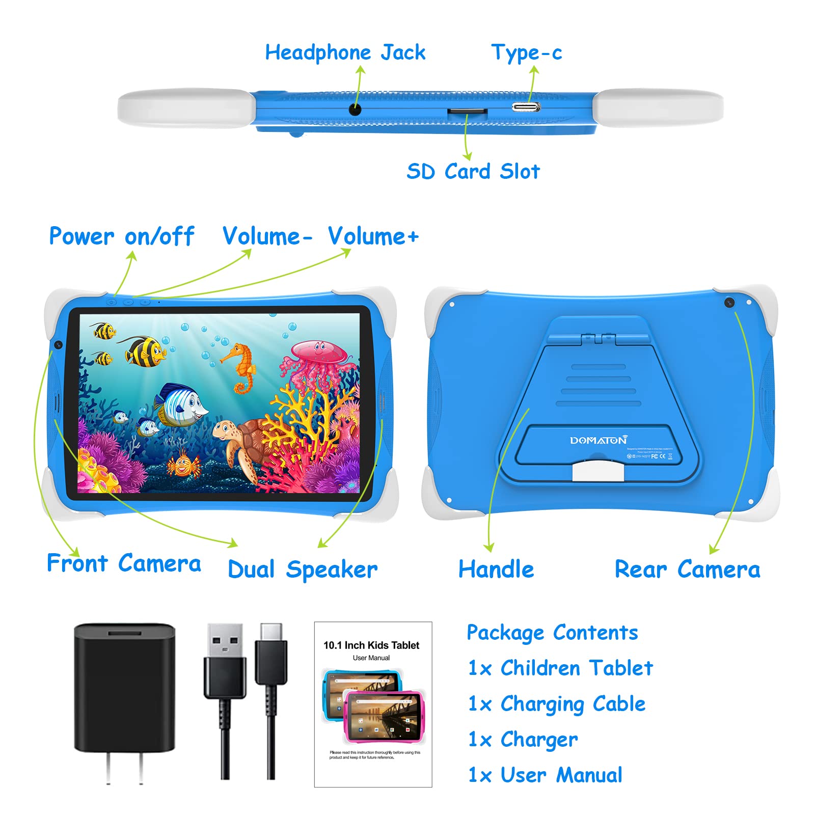 Kids Tablet, 10 Inch Tablet for Kids, Android 12, 2+32GB(SD to 128GB), 1280x800 IPS HD Display, Parental Controls, Kid Contents Educational Tablet, Dual Camera, Shockproof Case with Stand, Blue