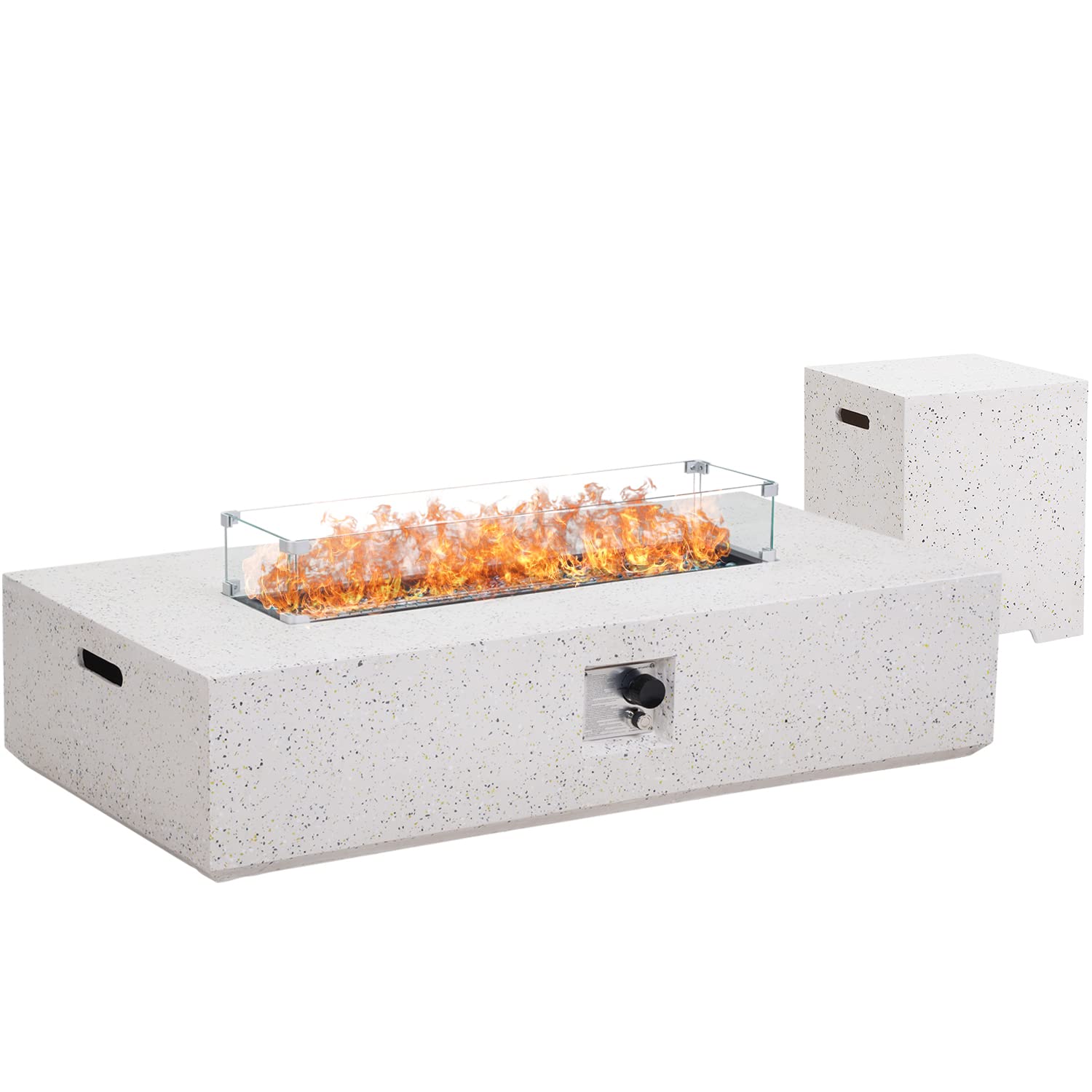 Essential Lounger 56 Inch Firepit Table for Outside, 50,000 BTU Rectangular Concrete Outdoor Fire Tables with Propane Tank Table, Glass WindGuard, Fire Glass Beads, Weatherproof Cover - White