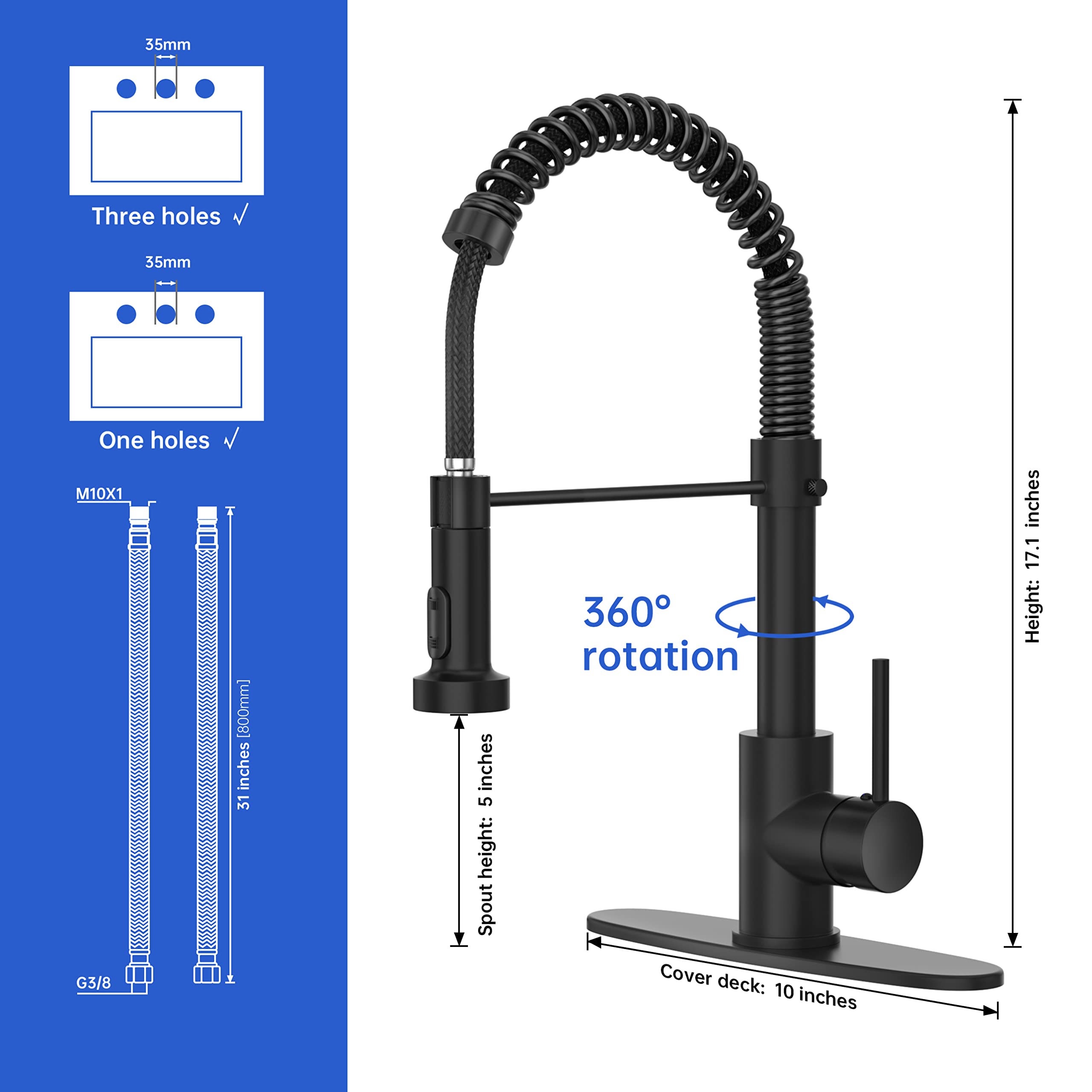 IBOFYY Black Kitchen Faucets Single Handle Commercial Kitchen Sink Faucet with Multifunctional Pull-Down Spout for Farmhouse RV Bar with 3 Hole Deck (Matte Black)