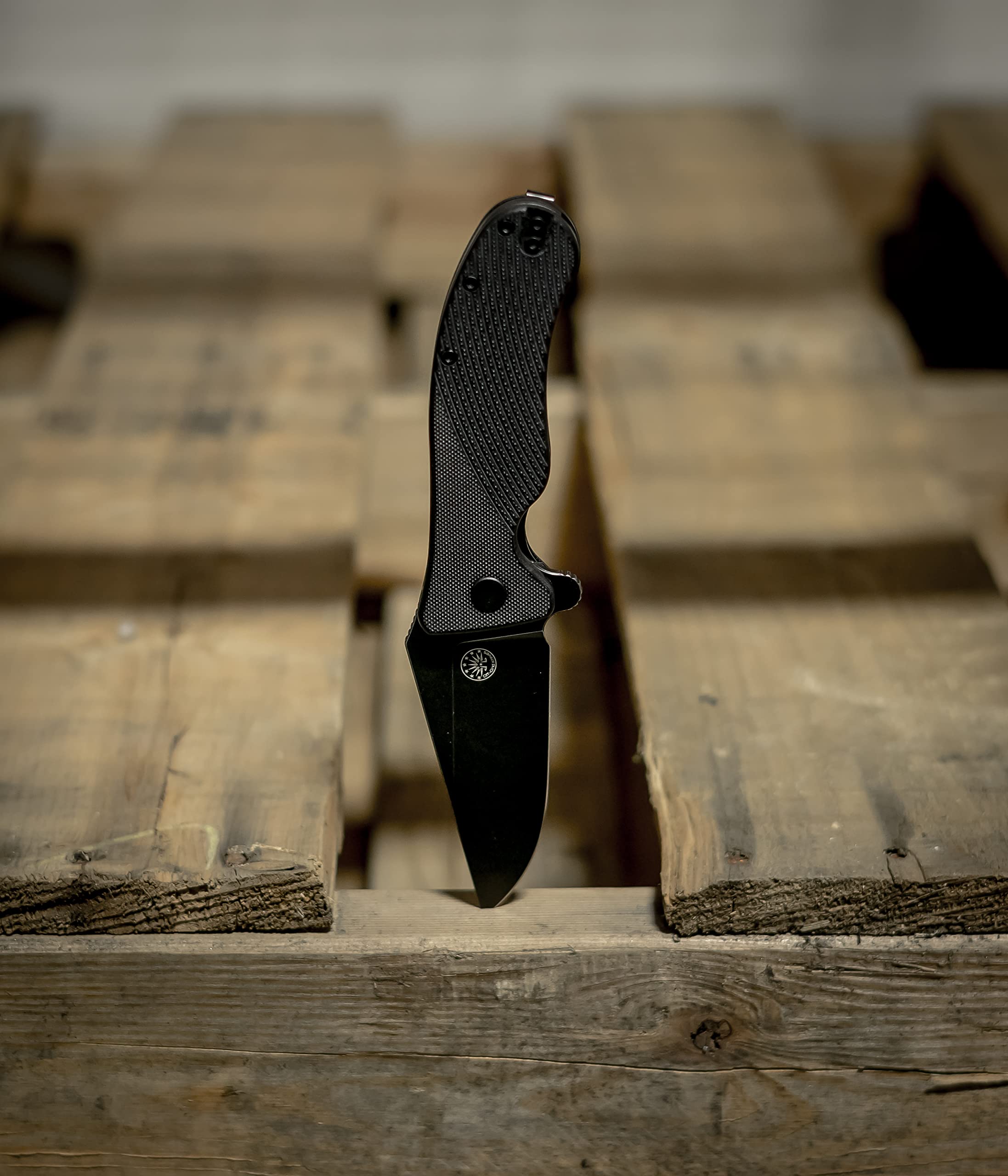 Off-Grid Knives - Rhino V2 with 154CM Steel, Textured G10, Tumbled Black Finish, Large Folding EDC Knife, Ceramic Ball Bearings, HRC 61, Deep Pocket Carry (Blackout)