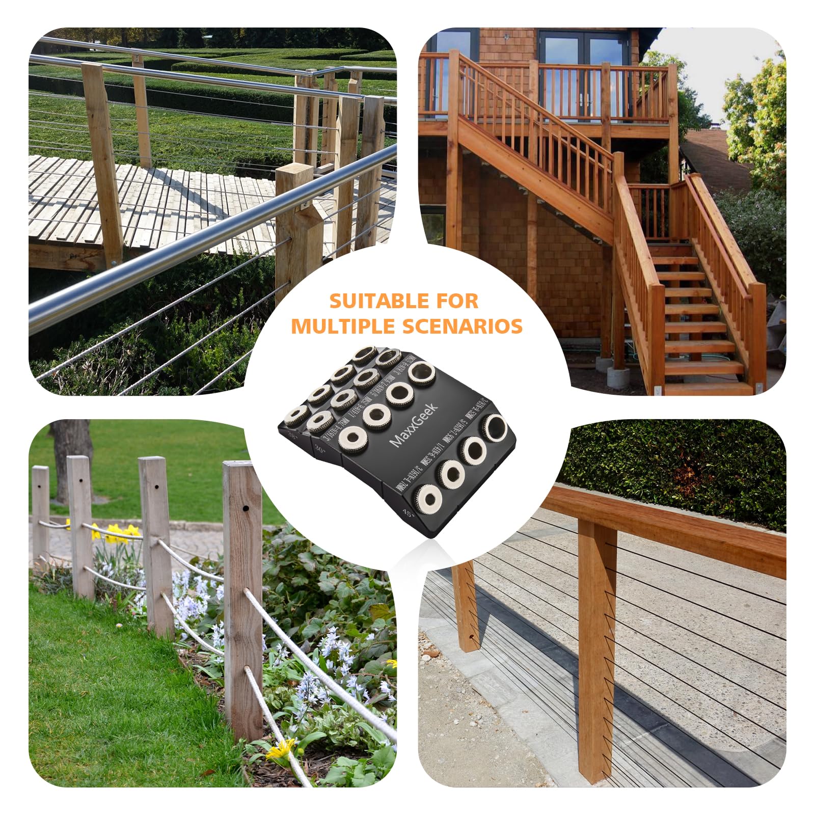MaxxGeek Drill Guide for 30 38 45 90 Degree Angled and Straight Holes, Added 38 Degree Portable Drill Guide for Deck Stair Handrail and Horizontal Cable Wood Post (Without Drill Bit)