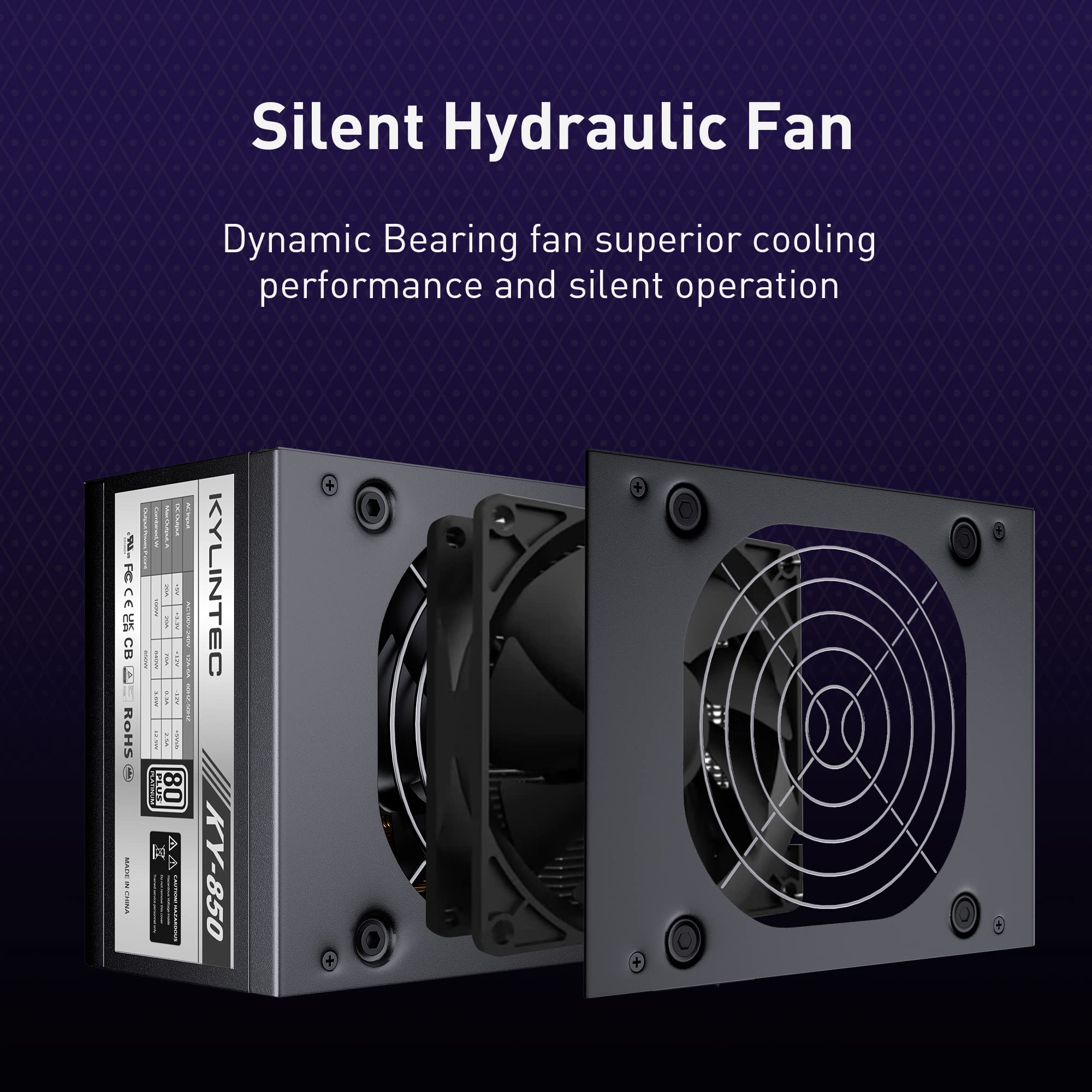 KYLINTEC SFX850 850W SFX Power Supply Fully Modular 80 Plus Platinum PSU with Improved Hydraulic 80mm Fan and Japanese Capacitors.