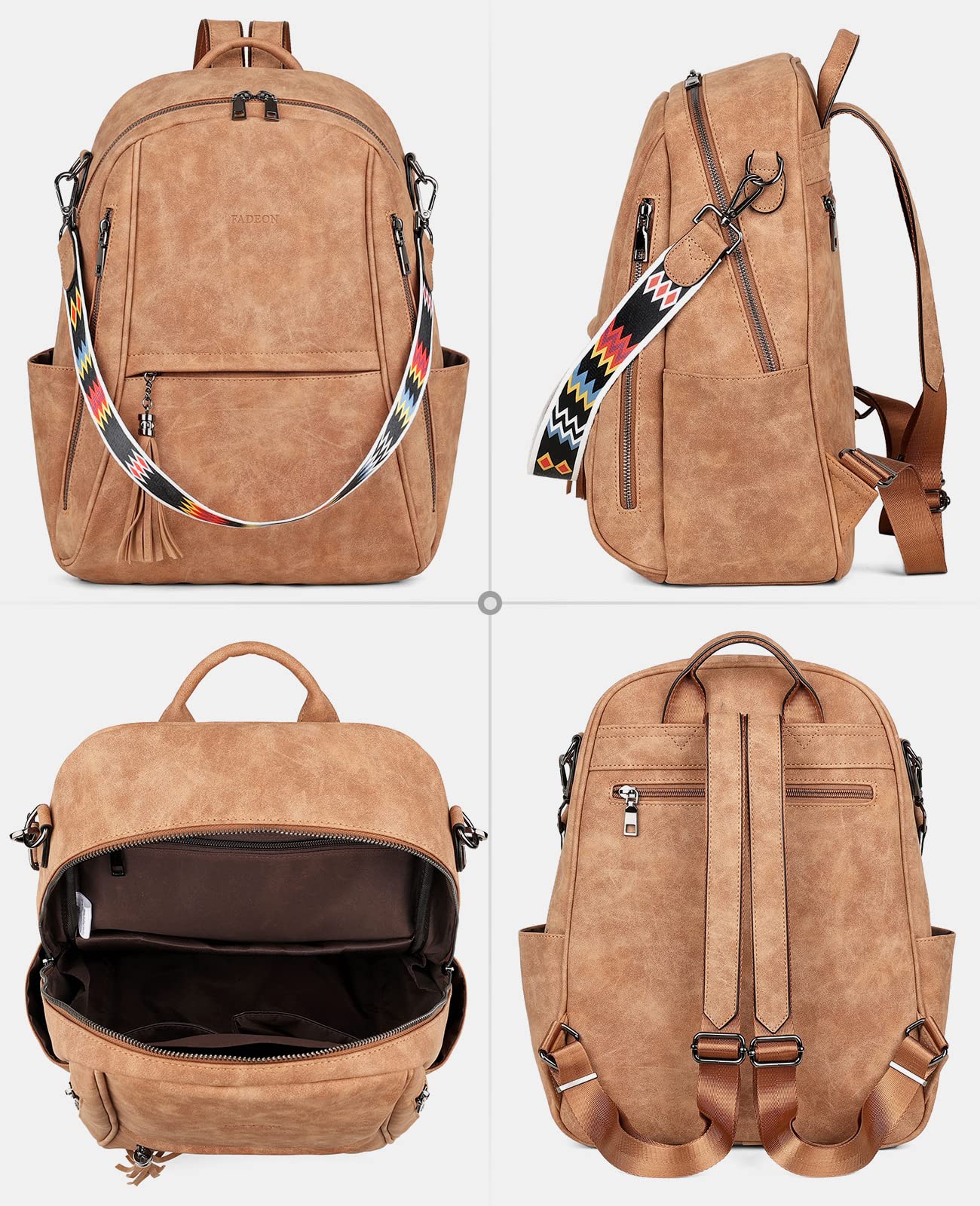 FADEON Leather Laptop Backpack Purse for Women Small Designer Laptop Bag,Multi-Pockets Travel Ladies Shoulder Bag Brown