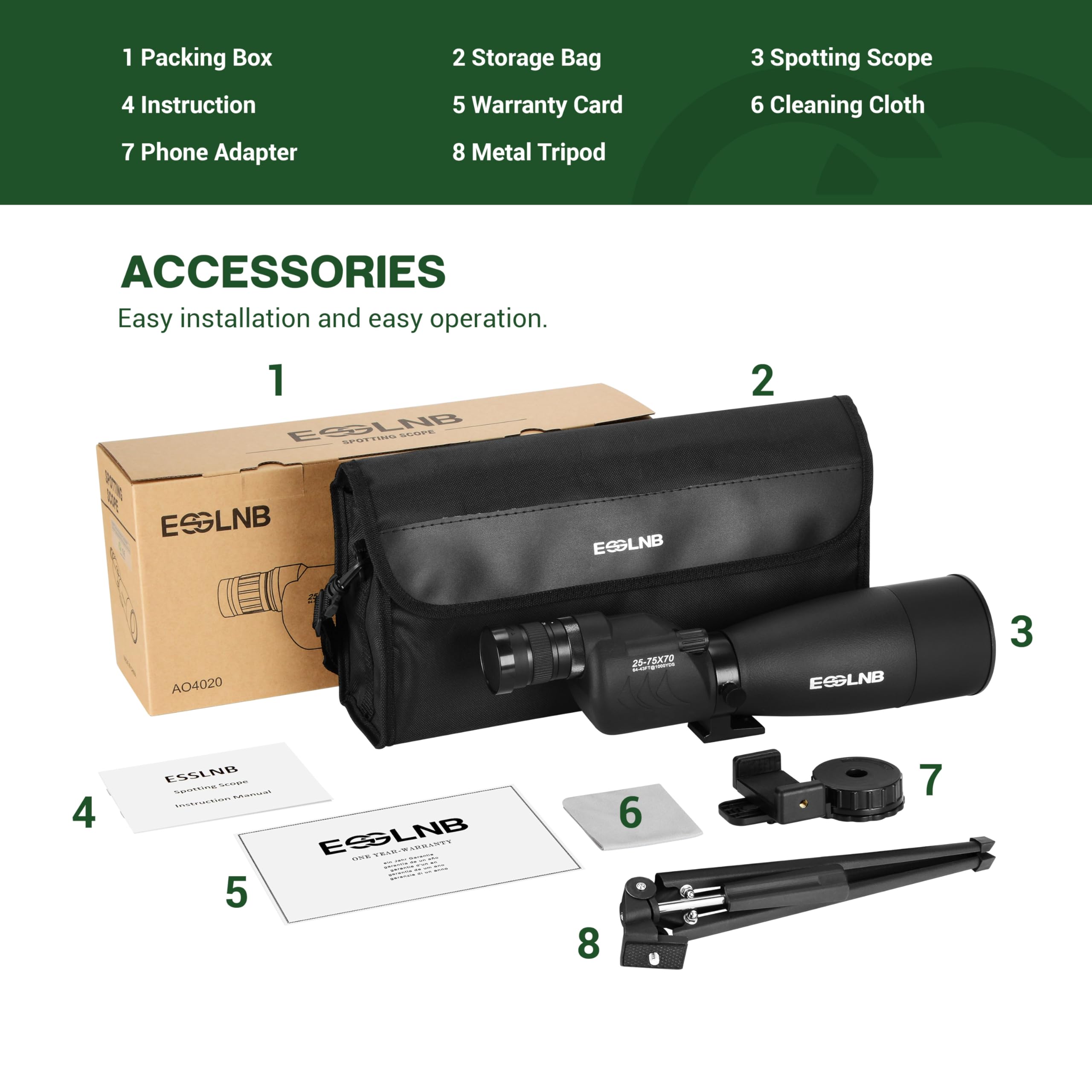 ESSLNB Spotting Scope with Tripod Cell Phone Adapter 25-75 X 70 BAK4 Waterproof Straight Spotting Scopes for Target Shooting Hunting Bird Watching