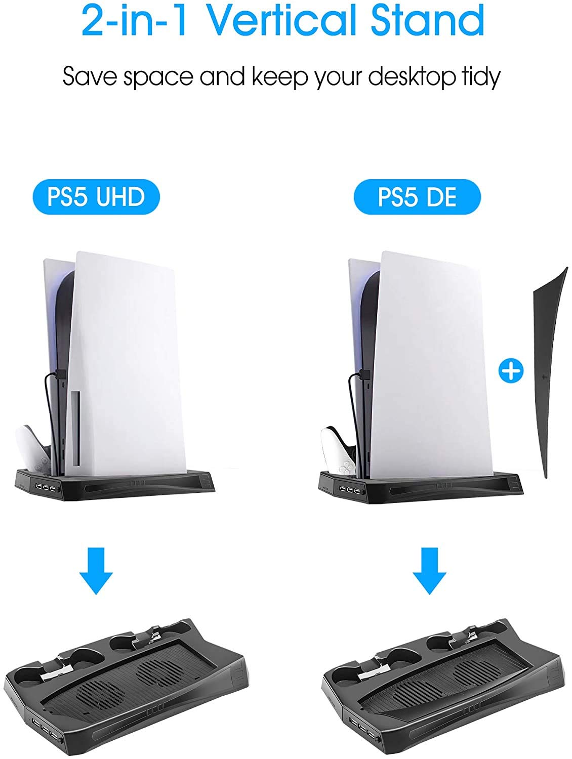 for PS5 DE/UHD Vertical Stand,Including 2 DualSense Controller Charging Dock and Stand with Cooling Fan Compatible for Playstation5 ,3 USB. Charging Station Dock with Dual Controller Charger Ports.