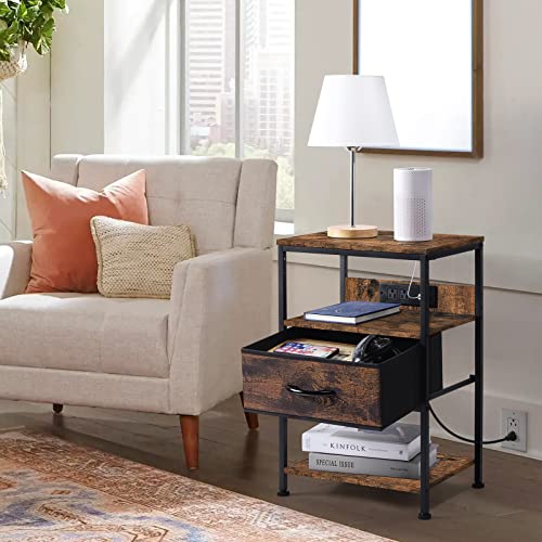 NOVIMANGO Nightstand with Charging Station Bedside Tables with Drawer Bedroom End Table Small Side Tables with USB & AC Ports Industrial End Table with Storage for Living Room Dorm Farmhouse Brown