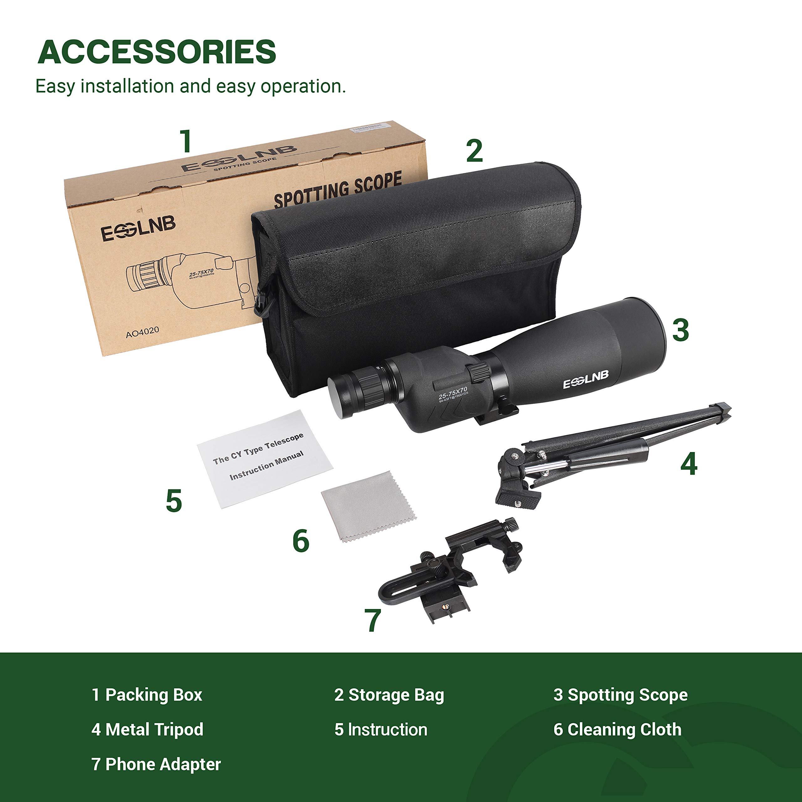 ESSLNB Spotting Scope with Tripod and Phone Adapter BAK4 25-75X70 FMC Target Spotting Scope for Hunting Straight Spotting Scope for Target Shooting Bird Watching