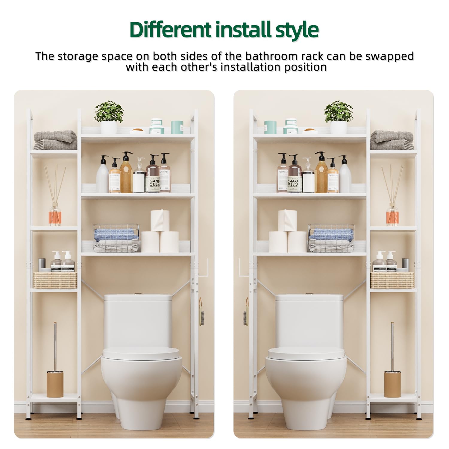 OTK Over-The-Toilet Storage with 7-Tier Bathroom Organizer Shelf, Side Storage Open Shelf, Freestanding Space Saver with Hooks & Adjustable Feet, Toilet Rack for Bathroom, Restroom, Laundry, White