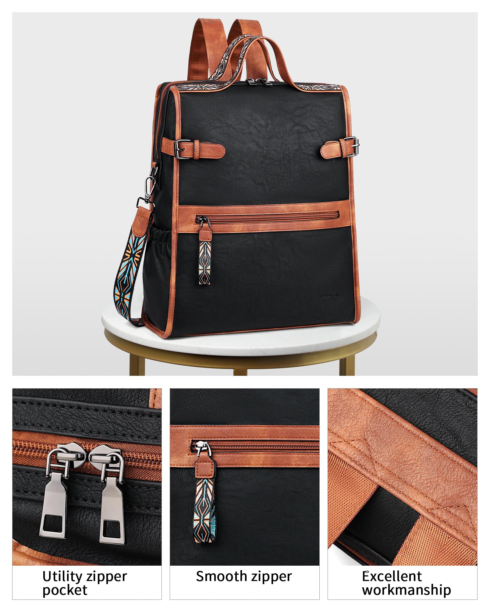 FADEON Leather Laptop Backpack for Women, Designer Ladies Work Travel Computer Backpack with Laptop Compartment Black Brown