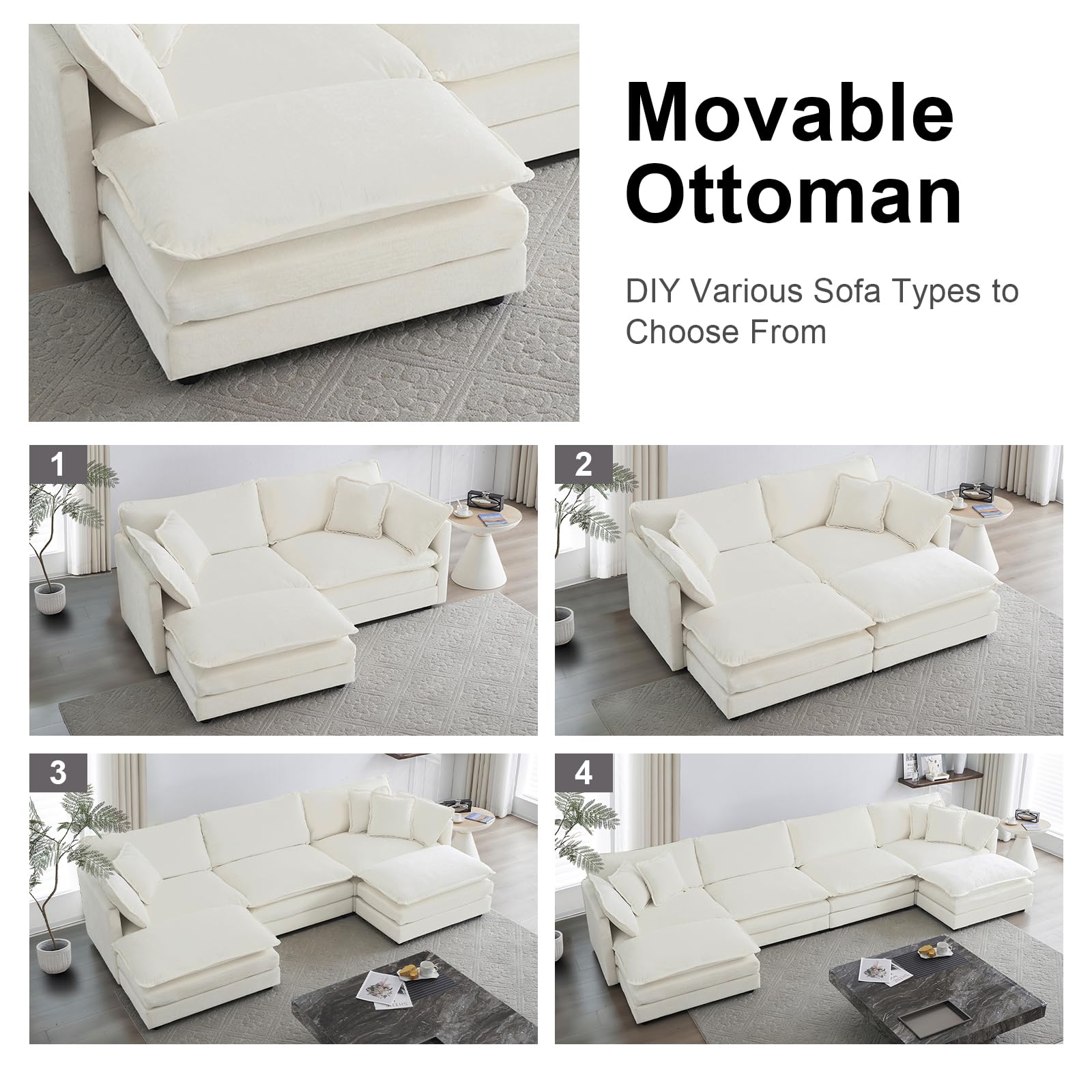 Linyuanwai Chenille 4-Seater Sofa Couch, Comfy Oversized Cloud Couch with Deep Seat and 6 Pillows Lounge Upholstered Large Sofa for Living Room Bedroom Office Apartment (White)