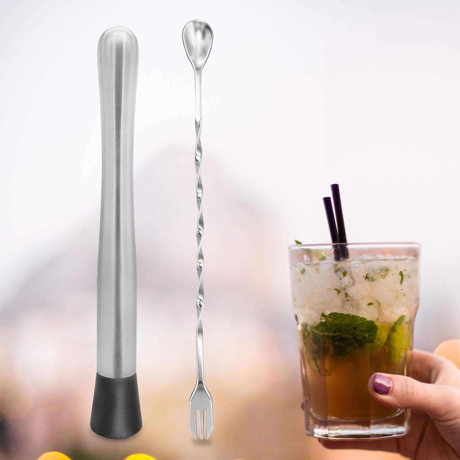 LNYFOUG 10 Inch Stainless Steel Cocktail Muddler and Mixing Spoon Ideal Home Bar Bartenderās Tool Sets for Mojito and Other Fruit Drinks