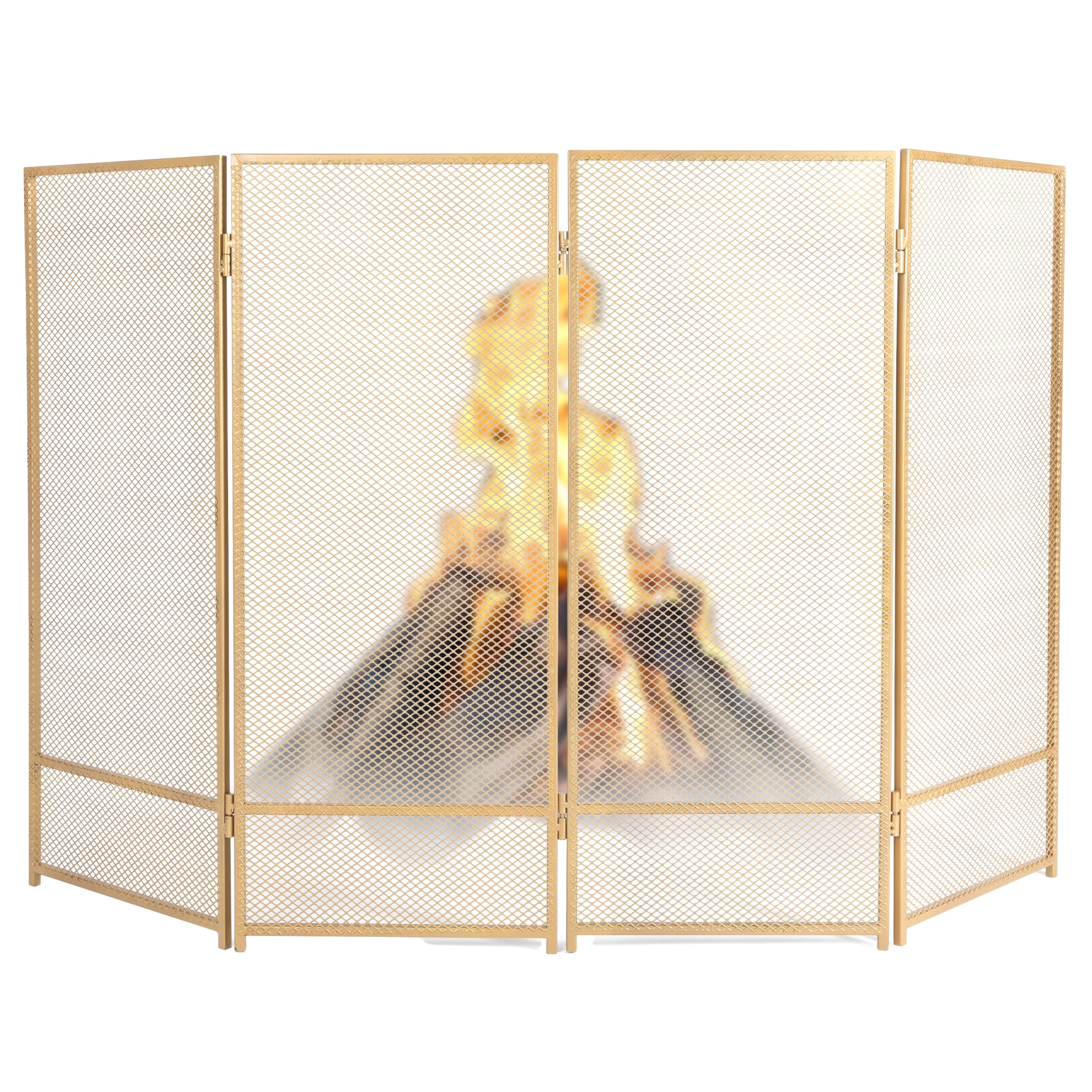 Ilyapa 4-Panel Metal Fireplace Screen for Wood Burning Fireplaces & Gas - Gold - 48 x 29 Inch - Durable Steel Mesh Spark Guard, Easy Fold Panels for Storage, Decorative Fireplace Decor For Living Room