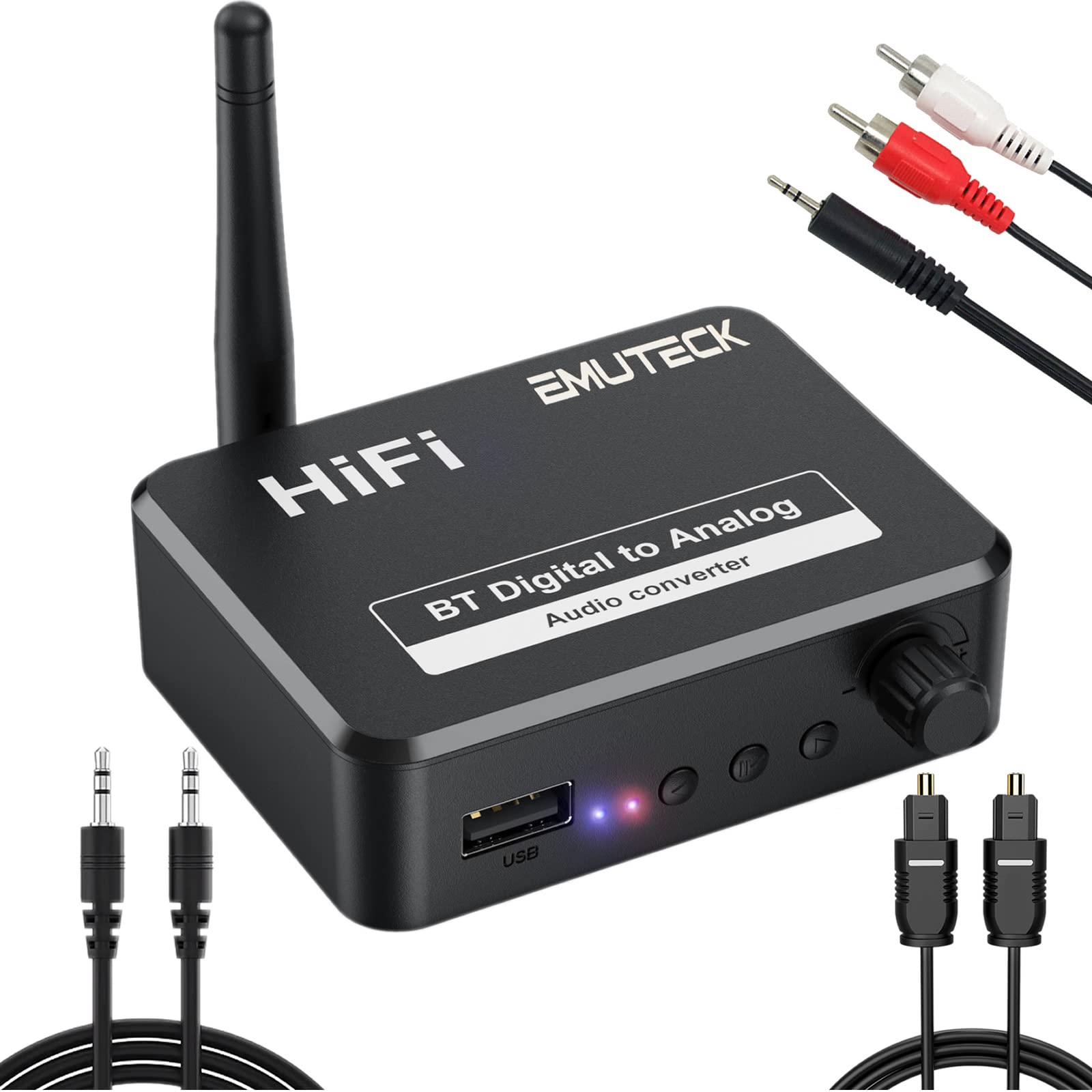 EMUTECK 192kHz Digital to Analog Audio Converter DAC Optical Toslink SPDIF to L/R RCA AUX 3.5mm Jack Adapter, Bluetooth Receiver, USB MP3 Player, Adjustable Volume for TV PS3 PS4 Xbox DVD Home Stereo