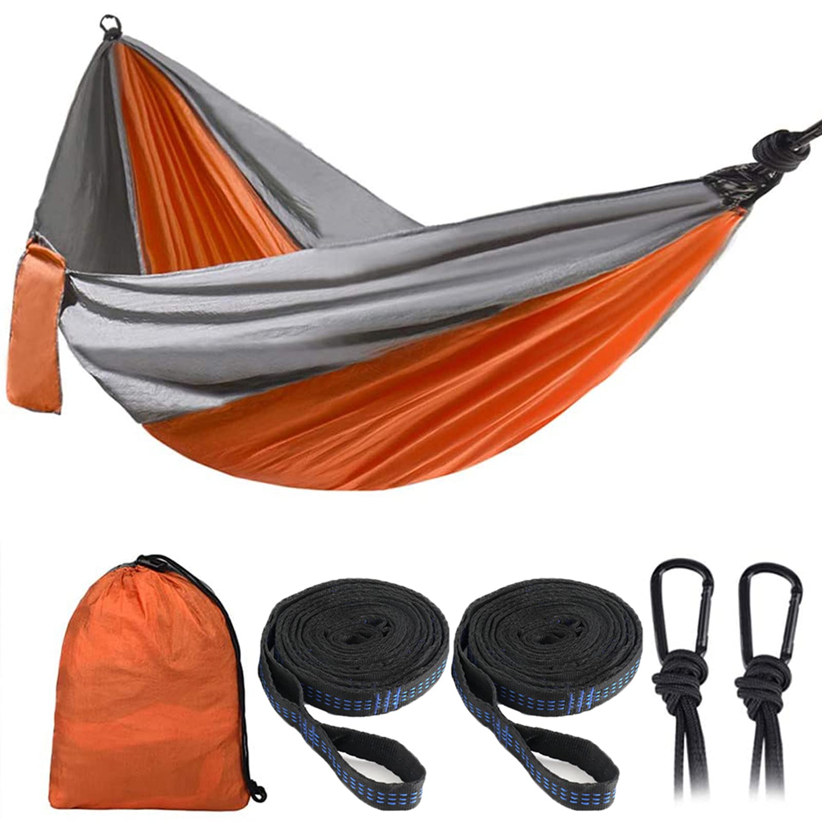 Double & Single Camping Hammock Lightweight Portable Parachute Nylon Hammock Set for Indoor and Outdoor (Full,Orange/Light Grey)