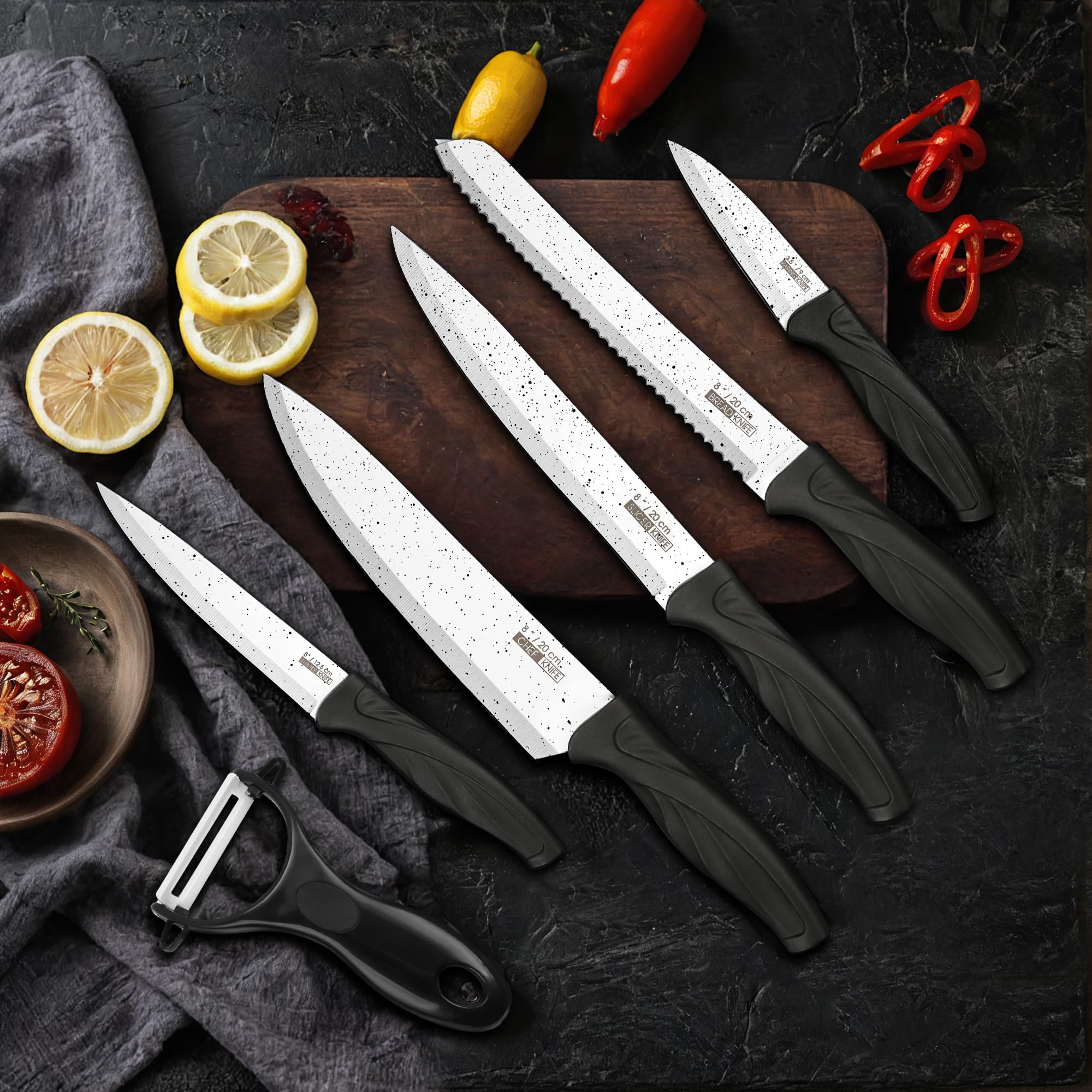 Meythway πππ²π₯π’π¬π‘ ππ‘π’ππ ππ§π€-ππ©π₯ππ¬π‘ππ Kitchen Knife Set - 6-Piece Razor Sharp Knife Set with Reducing Food Adhesion, Ergonomic Handles, Anti-Rust & Easy to Clean
