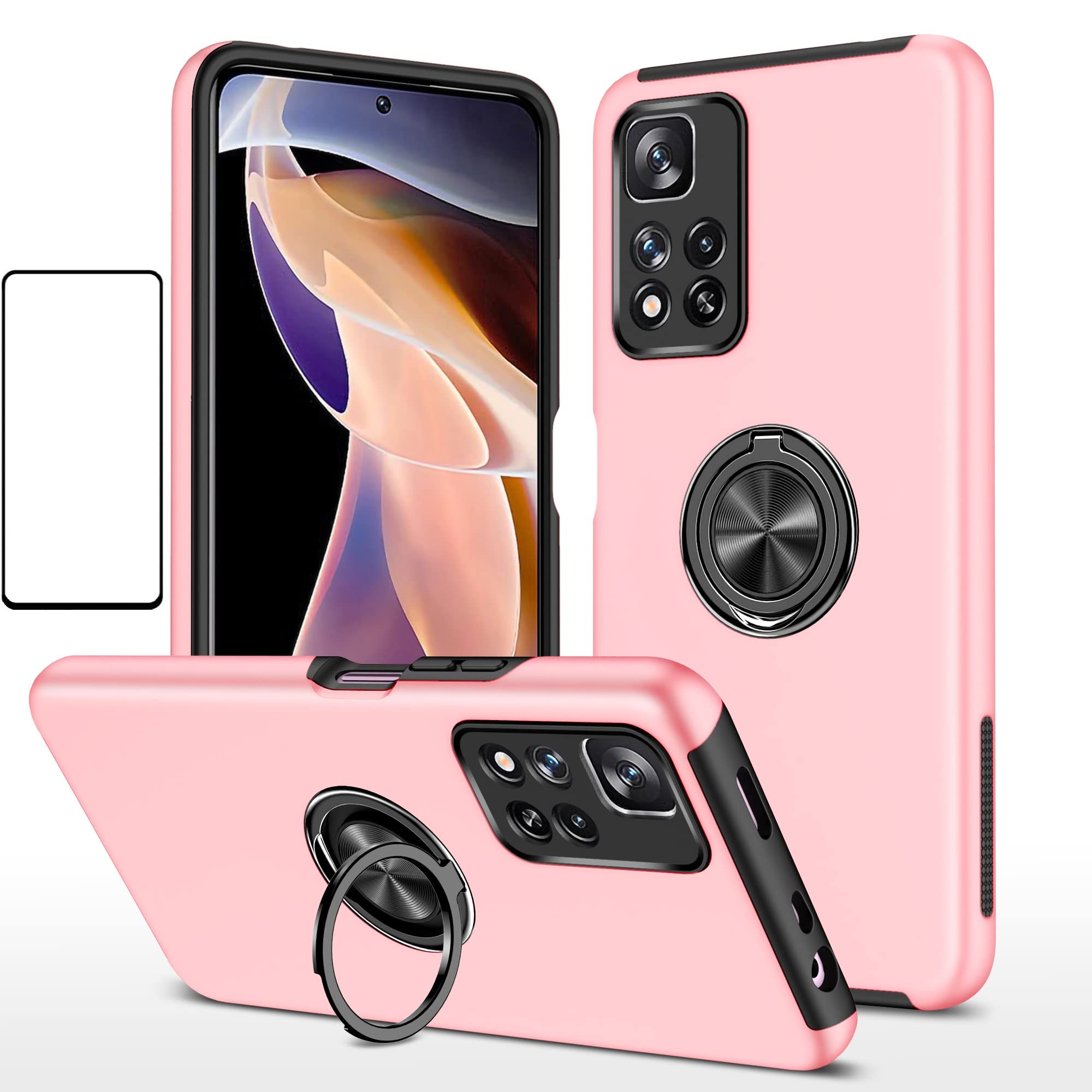 for Xiaomi Redmi Note 11 Pro 5g Case with Screen Protector 360 Degree Rotation Ring Kickstand Dual Layer Shockproof Silicone Slim Full Body Protection Durable for Redmi Note 11 Pro phone case (Pink)