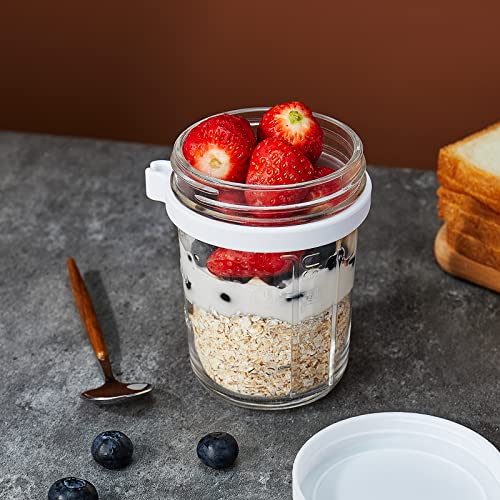 Overnight Oats Containers with Lids 2, 10oz Wide Mason Jars with Spoon - Great for on-the-go cereal containers - Very convenient for use on the go, Sealed glass jars are ideal for home, office or on-the-go (White)