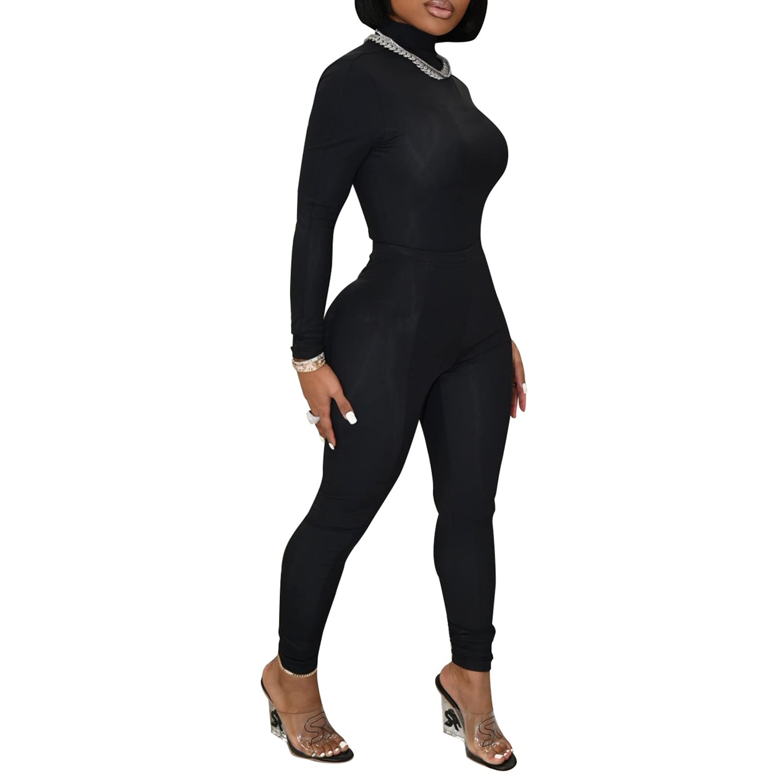 IyMoo Women 2 Piece Outfits Jumpsuit Long Sleeve Mock Neck Bodysuits + Skinny Long Pants Tracksuit Set Black S