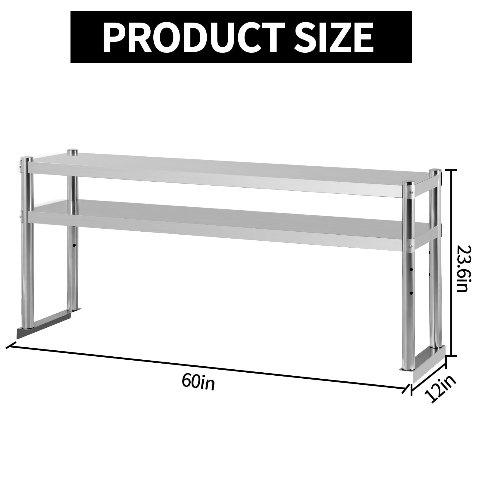 OUKIDR Stainless Steel Overshelf, Commercial Double Overshelf 2 Tier for Prep & Work Table in Kitchen, Restaurant & Home,12" X 60"