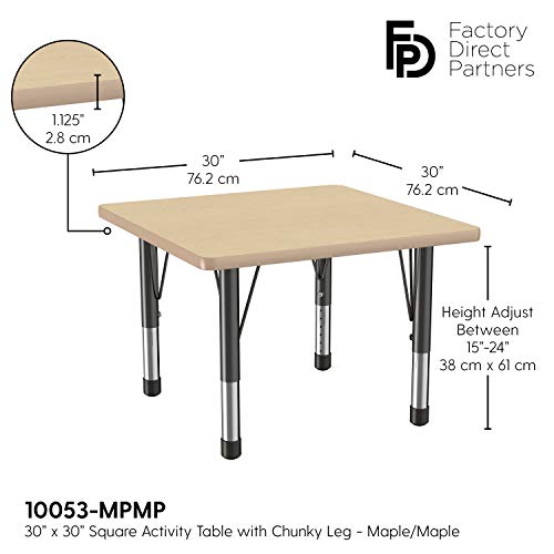 FDP Square Activity School and Classroom Kids Table (30 x 30 inch), Toddler Legs, Adjustable Height 15-24 inches - Maple Top and Maple Edge
